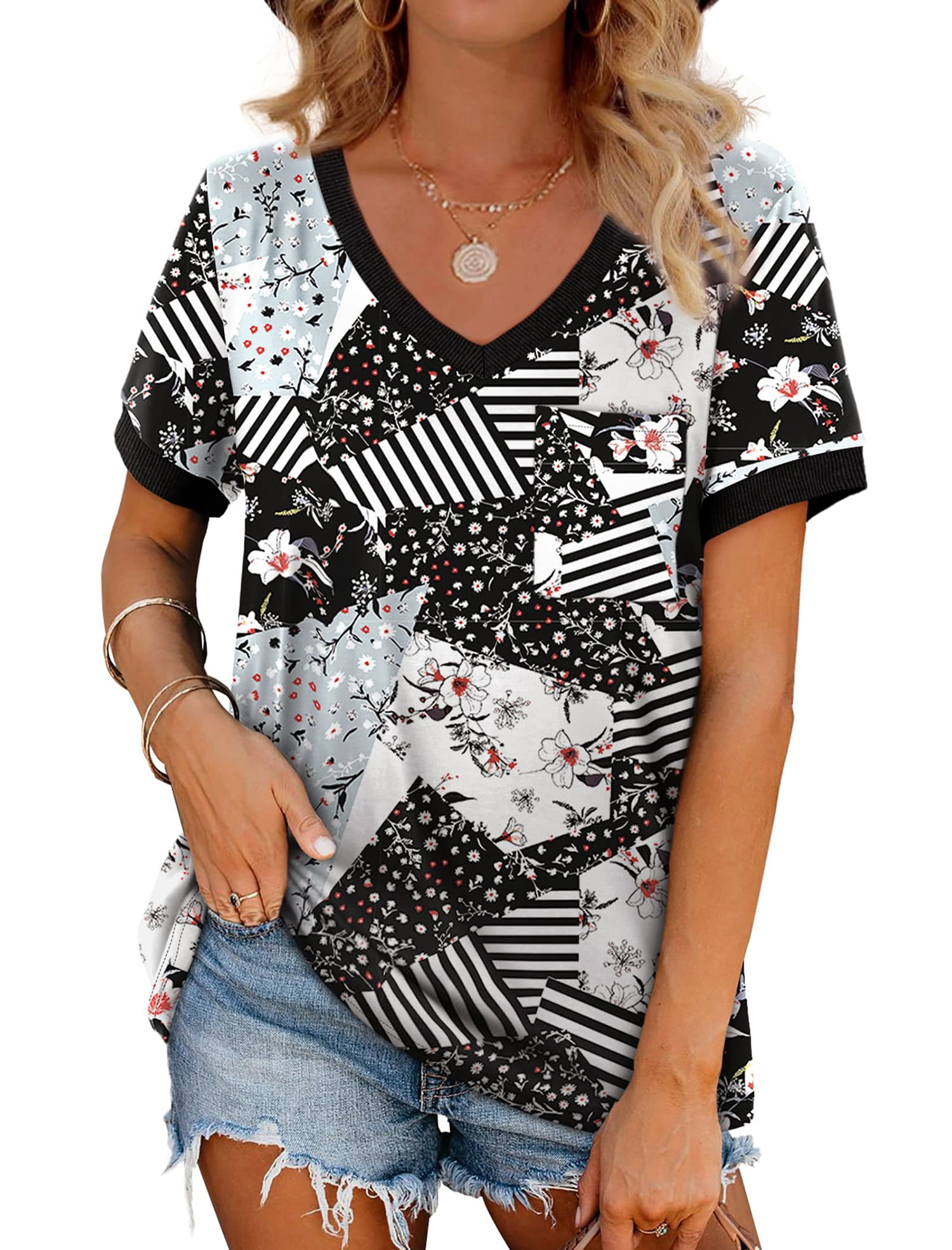 MOSHU V Neck Women T Shirts, Loose Short Sleeve Summer Tops with Pocket ...