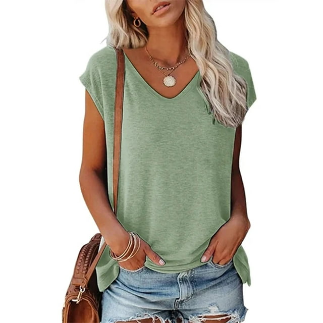 MOSHU V Neck Basic Tops for Women, Cap Sleeve Loose Tank T-Shirts ...