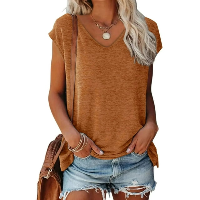 MOSHU V Neck Womens T-Shirts Basic Tops for Women Cap Sleeve Loose Tank ...