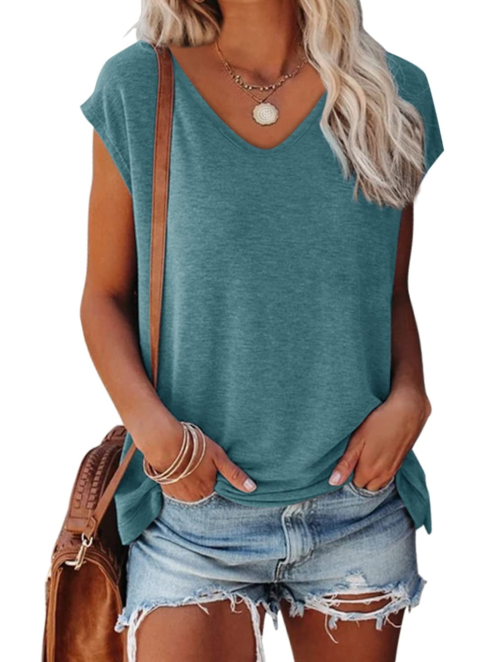 MOSHU V Neck Womens T-Shirts Basic Tops, Cap Sleeve Flowy Loose Tank ...
