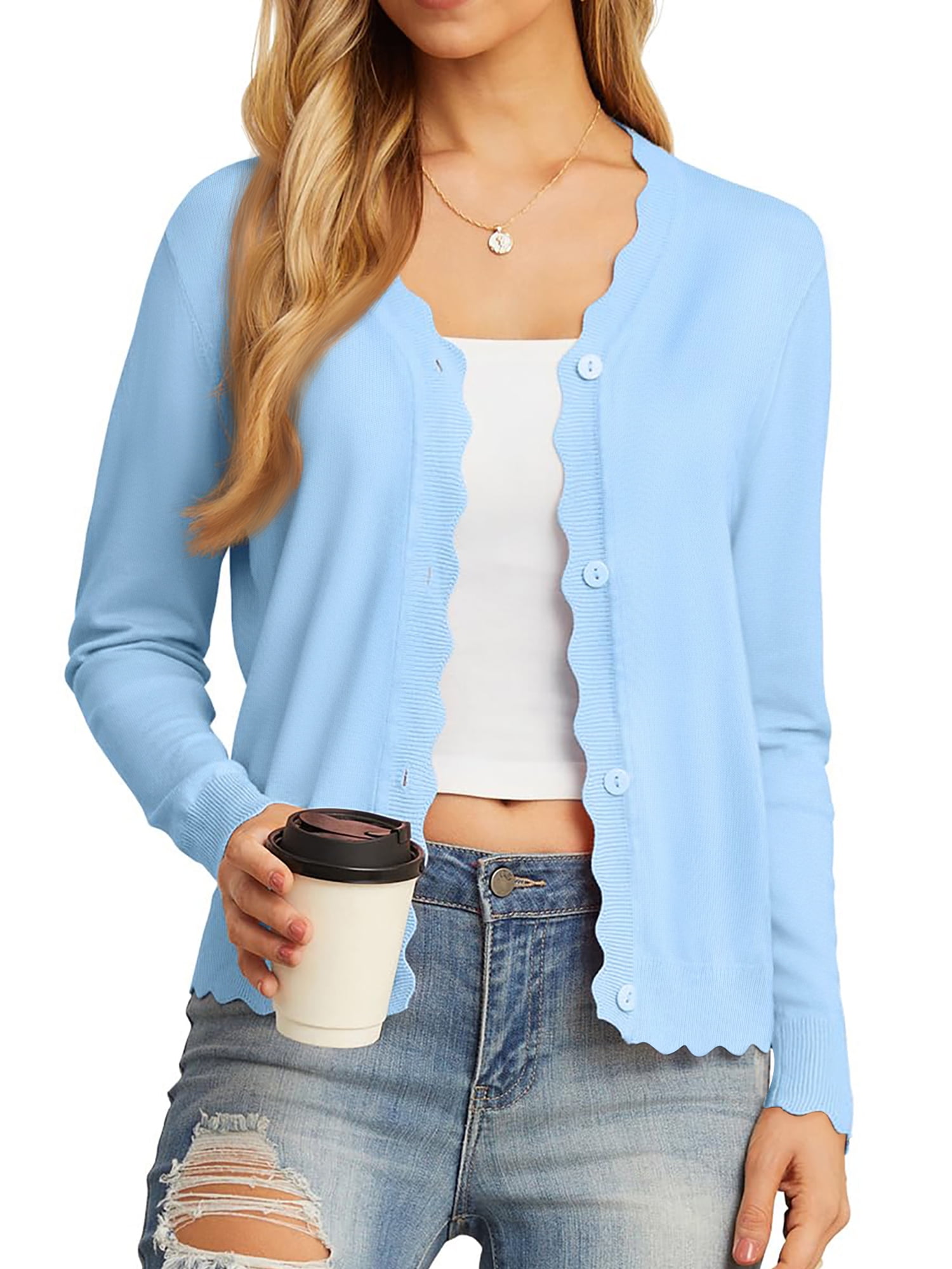 MOSHU V neck Cardigans for Women Long Sleeve Button Down Sweaters Open ...