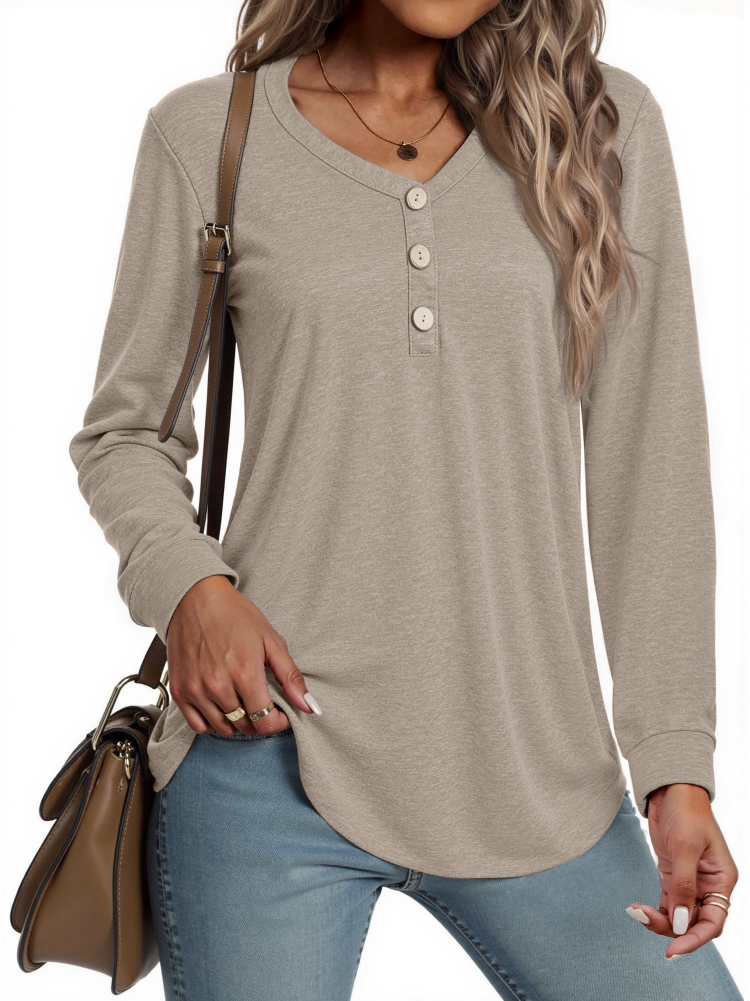 MOSHU V-neck T Shirts for Women Casual Long Sleeve Tunic Tops Curve Hem ...