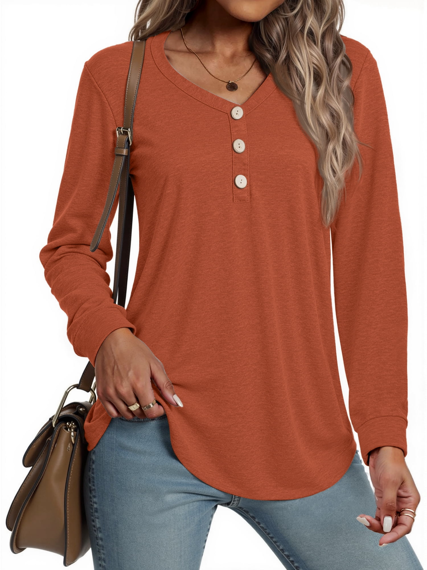 MOSHU V-neck T Shirts for Women Casual Long Sleeve Tunic Tops Curve Hem ...