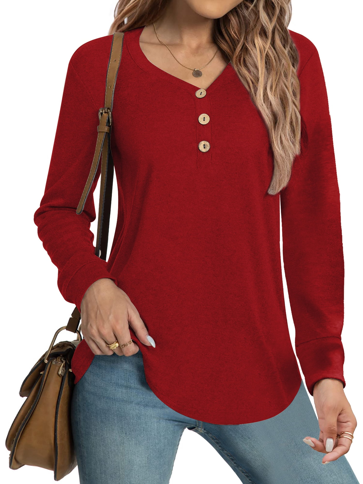 MOSHU V-neck T Shirts for Women Casual Long Sleeve Tunic Tops Curve Hem ...
