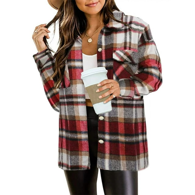 MOSHU Women's Long Sleeve Flannel Shacket Jacket, Plaid Button Down ...