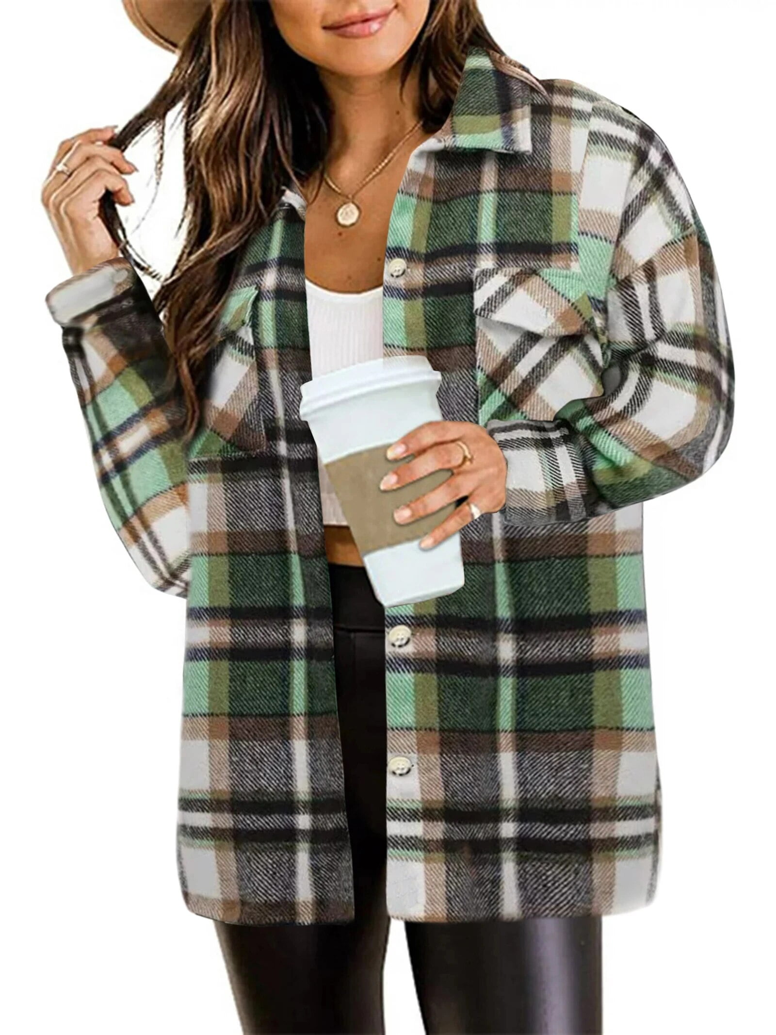 MOSHU Women's Long Flannel Shacket Jacket with Pockets, Button Down ...