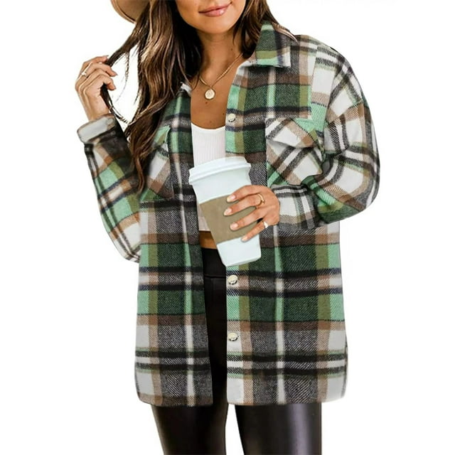MOSHU Womens Flannel Button Down Shacket Jacket Plaid Blouses Coats ...