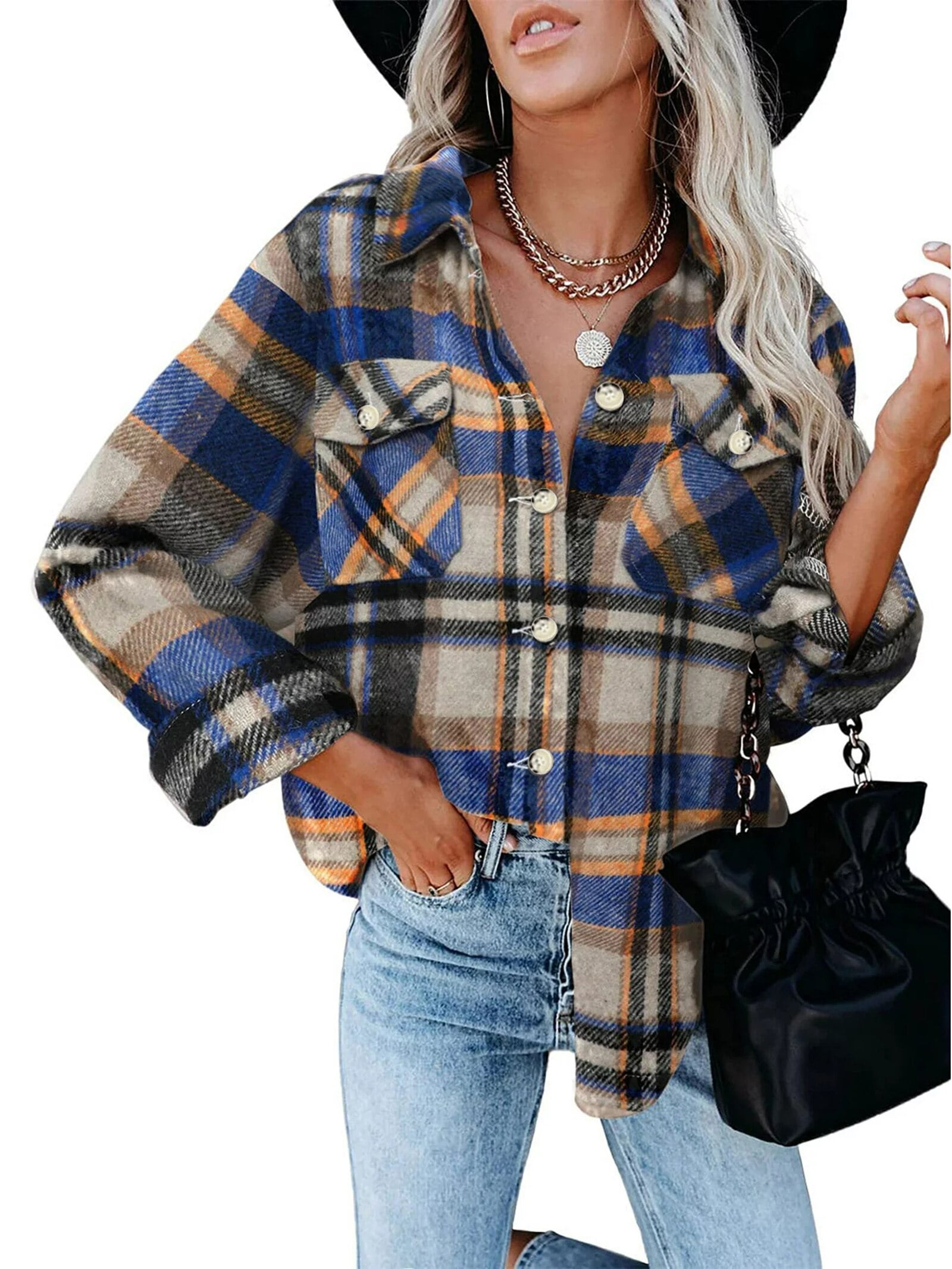 MOSHU Womens Long Flannel Shirts with Pockets, Button Down Shacket ...