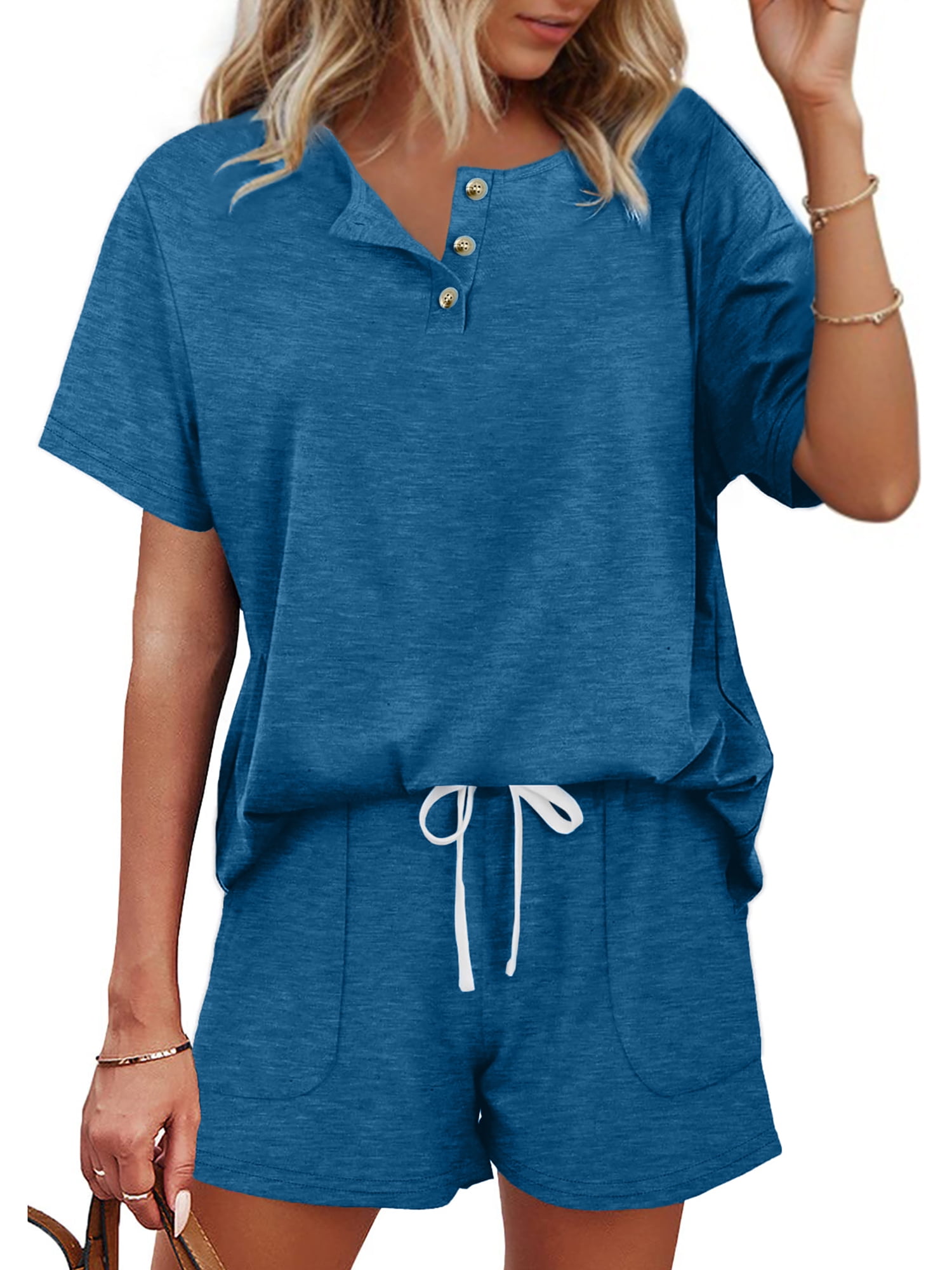 MOSHU Womens Pajamas Sets Button Down Tops and Drawstring Shorts With ...