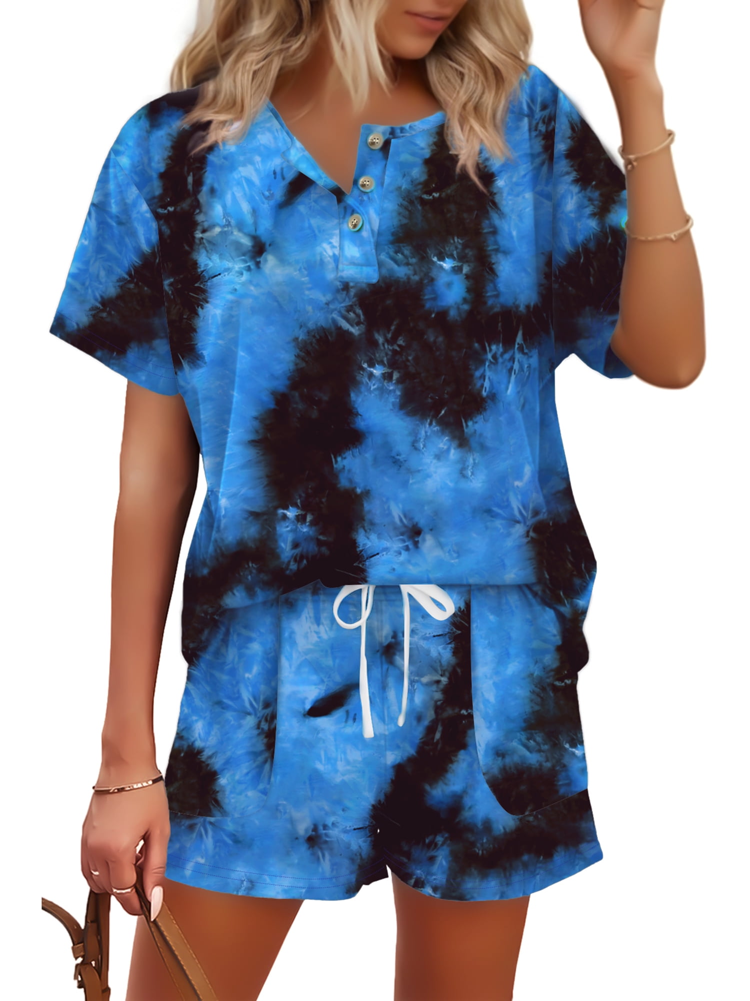 MOSHU Womens Pajamas Sets Button Down Tops and Drawstring Shorts With ...