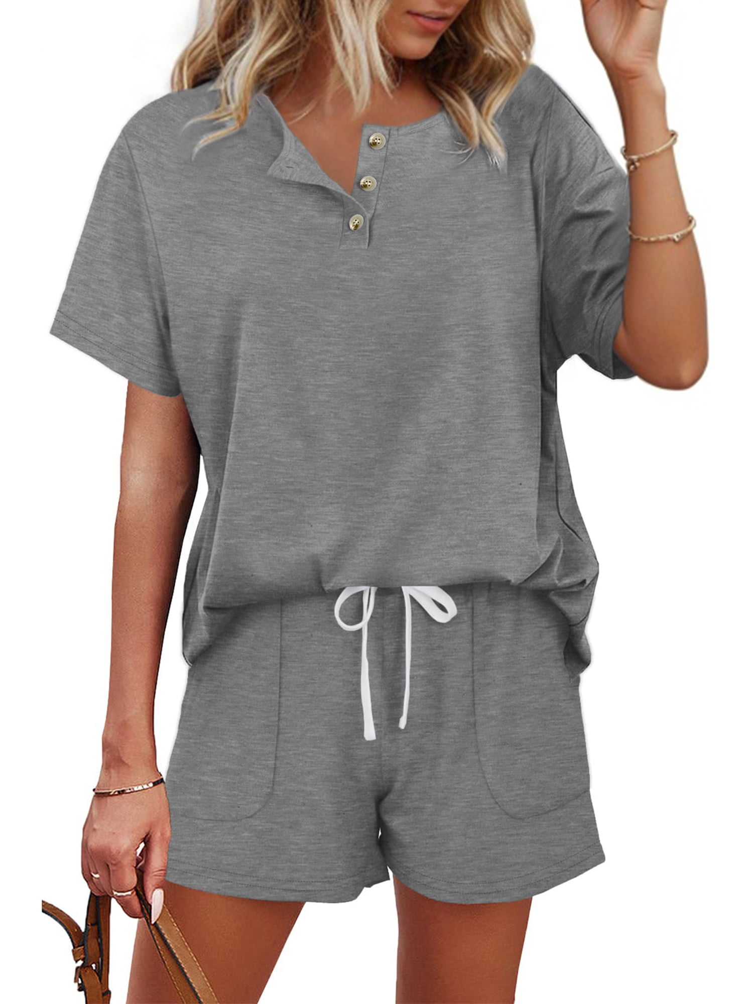 MOSHU Womens Pajamas Sets Button Down Tops and Drawstring Shorts With ...