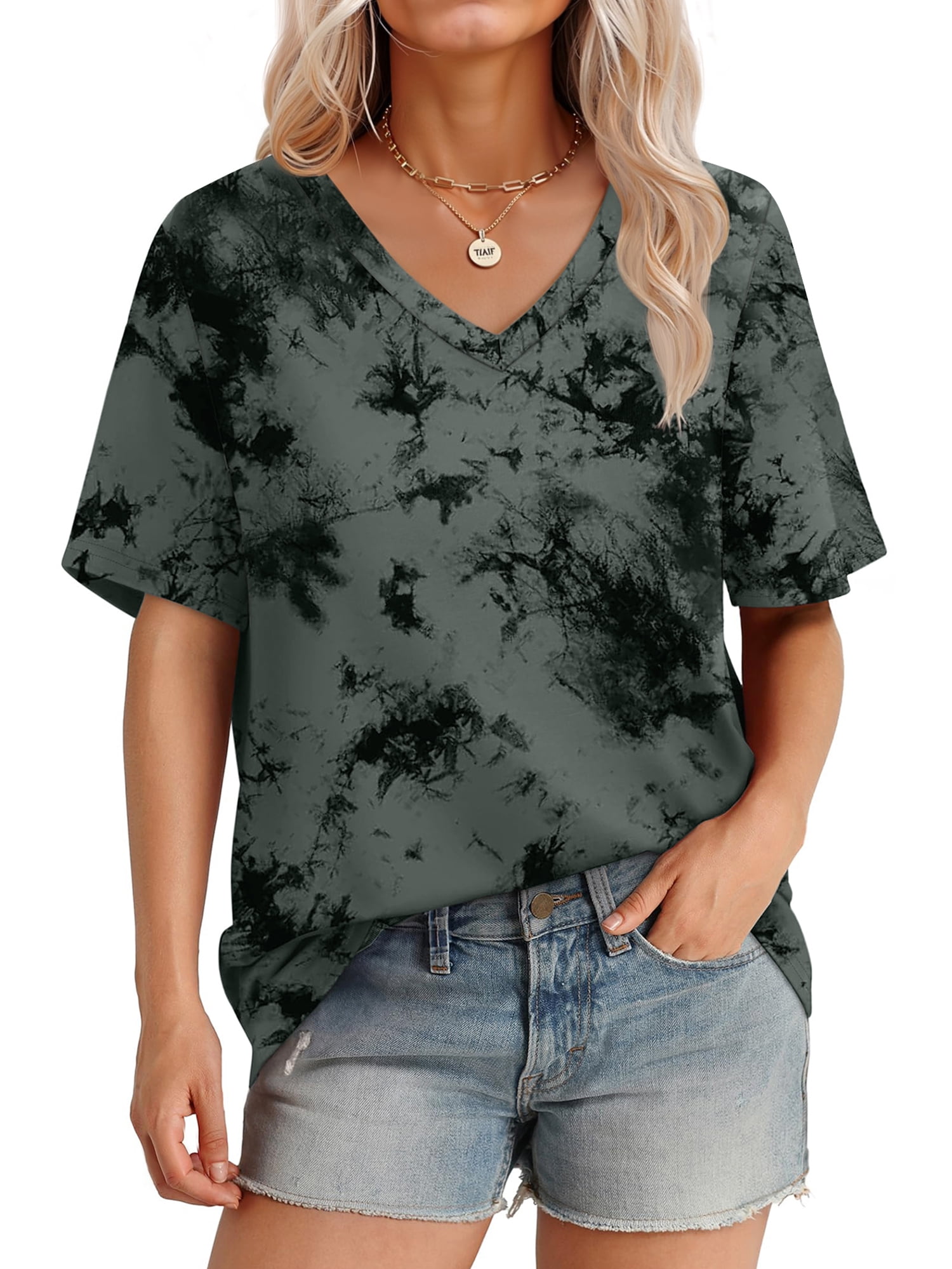 MOSHU Womens T-Shirts V Neck Short Sleeve Loose Tees Tops Casual Tie ...