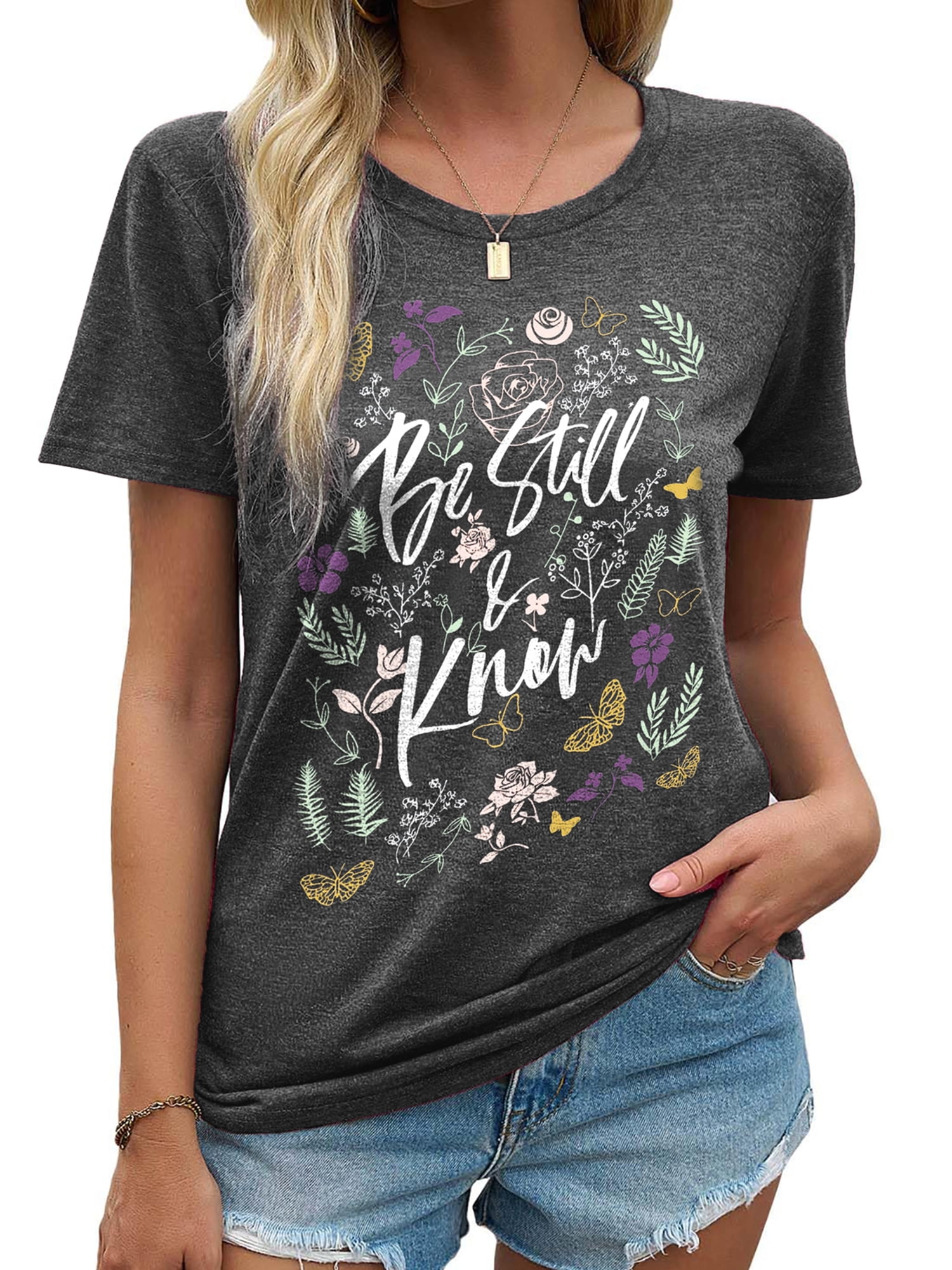 MOSHU Womens T-shirts Round Neck Shirts for Women Short Sleeve Loose ...