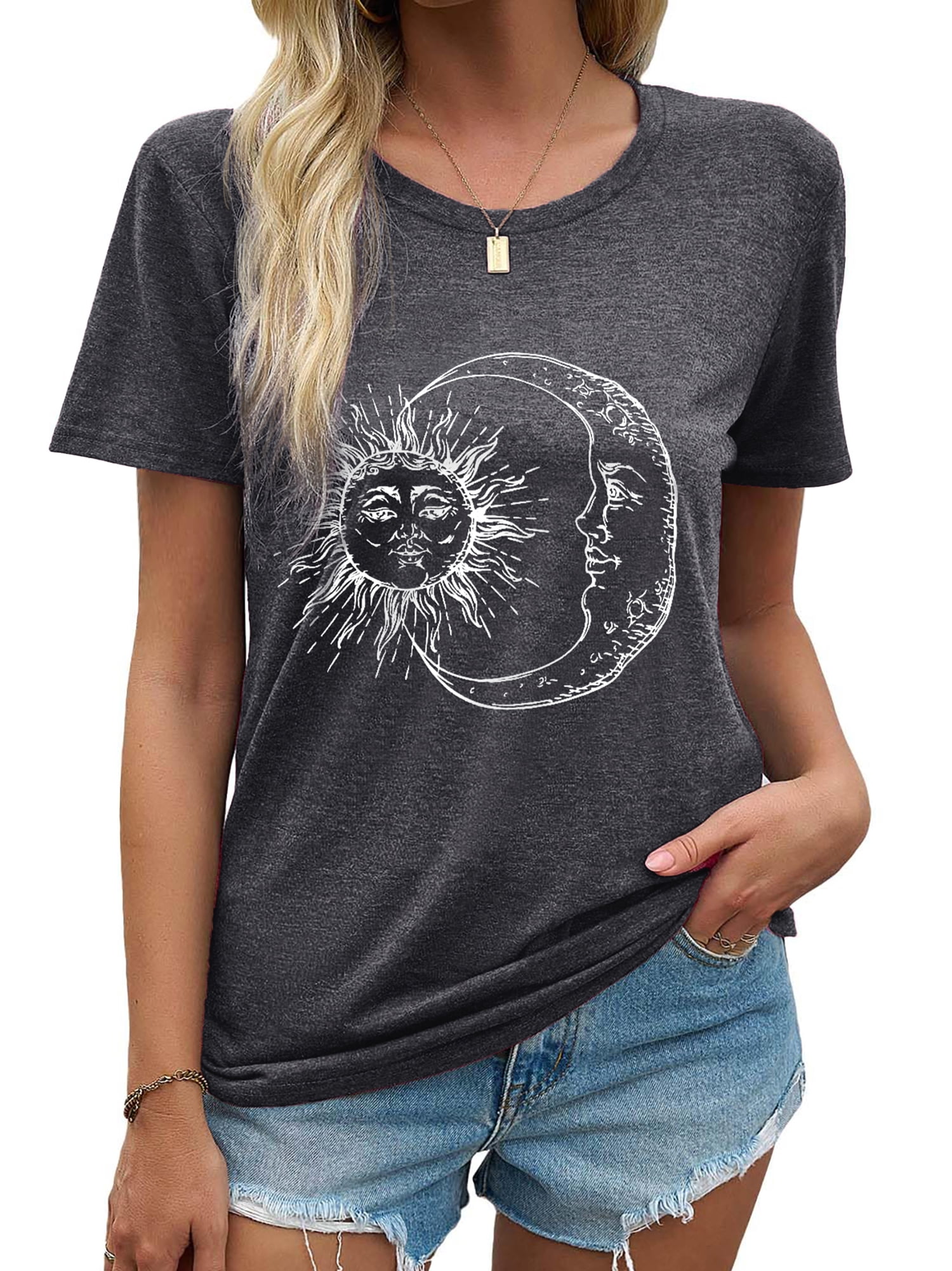 MOSHU Womens T-Shirts, Round Neck, Short Sleeve, Loose Graphic Tees ...