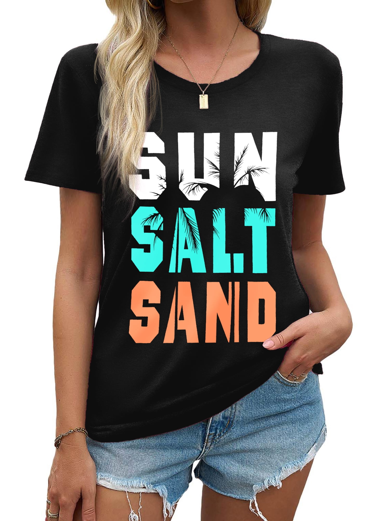MOSHU Womens T-shirts Round Neck Shirts for Women Short Sleeve Loose ...