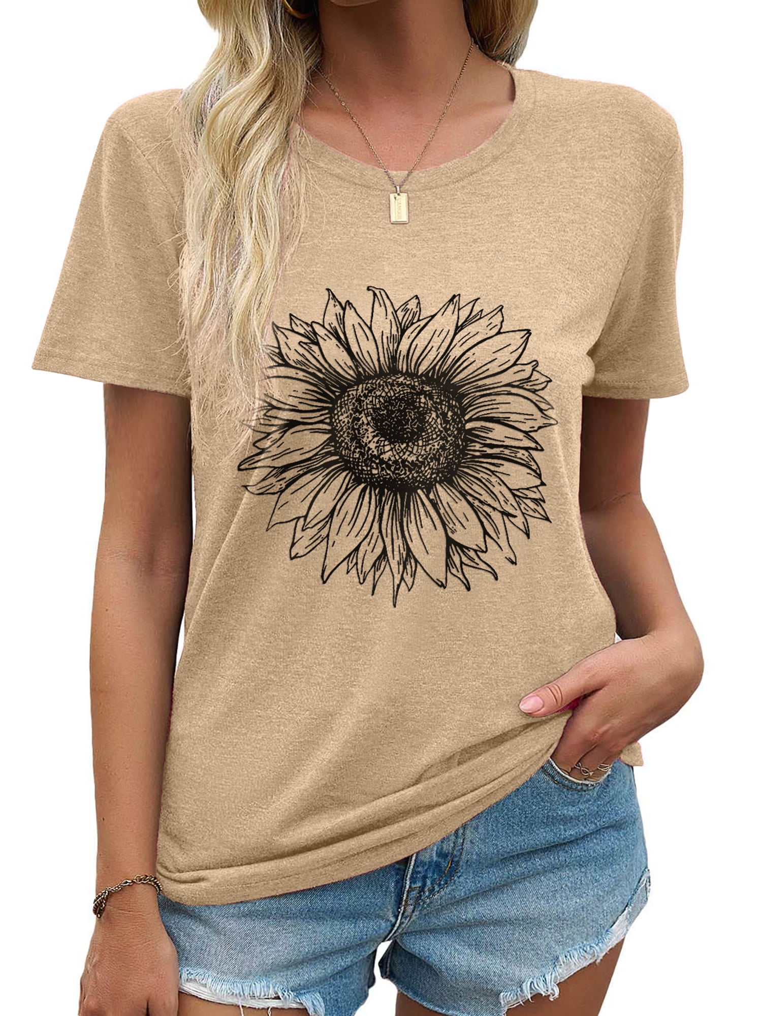 MOSHU Womens T-shirts Round Neck Shirts for Women Short Sleeve Loose ...