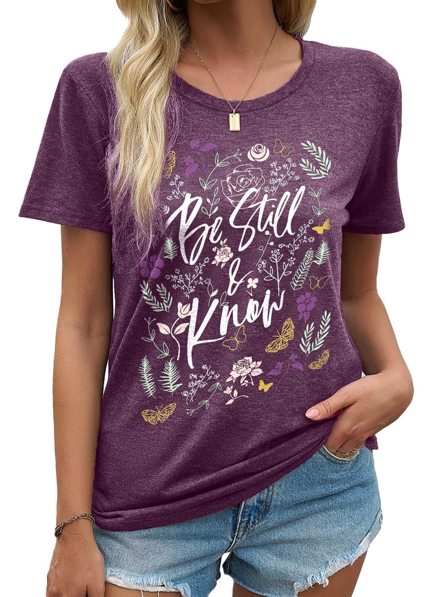 MOSHU Womens T-Shirts, Round Neck Short Sleeve Loose Graphic Tees ...