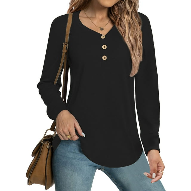 Moshu V Neck T Shirts For Women Casual Long Sleeve Tunic Tops Curve Hem