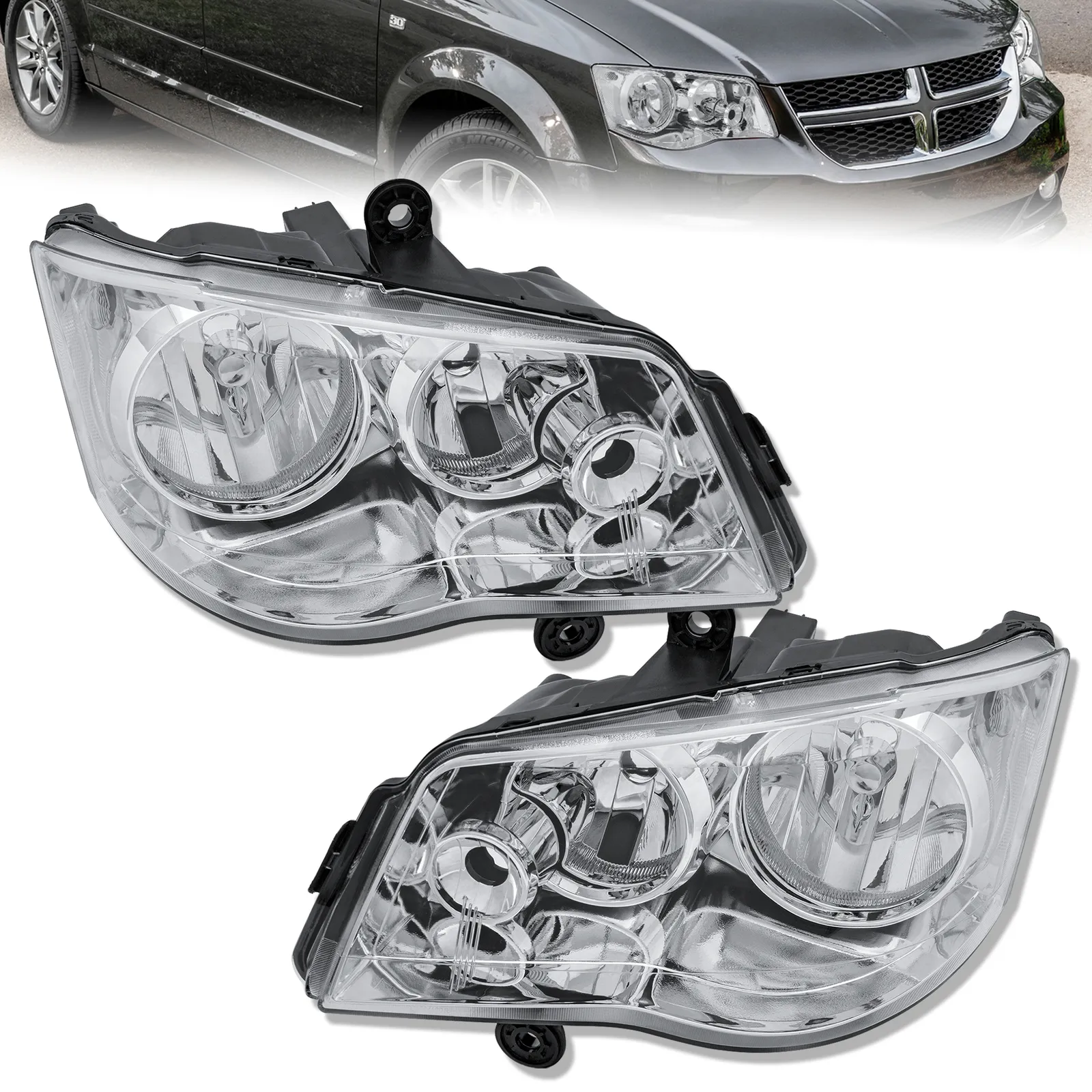 MOSTPLUS Chrome Headlights for 11-20 Dodge Grand Caravan 08-16 Chrysler ...