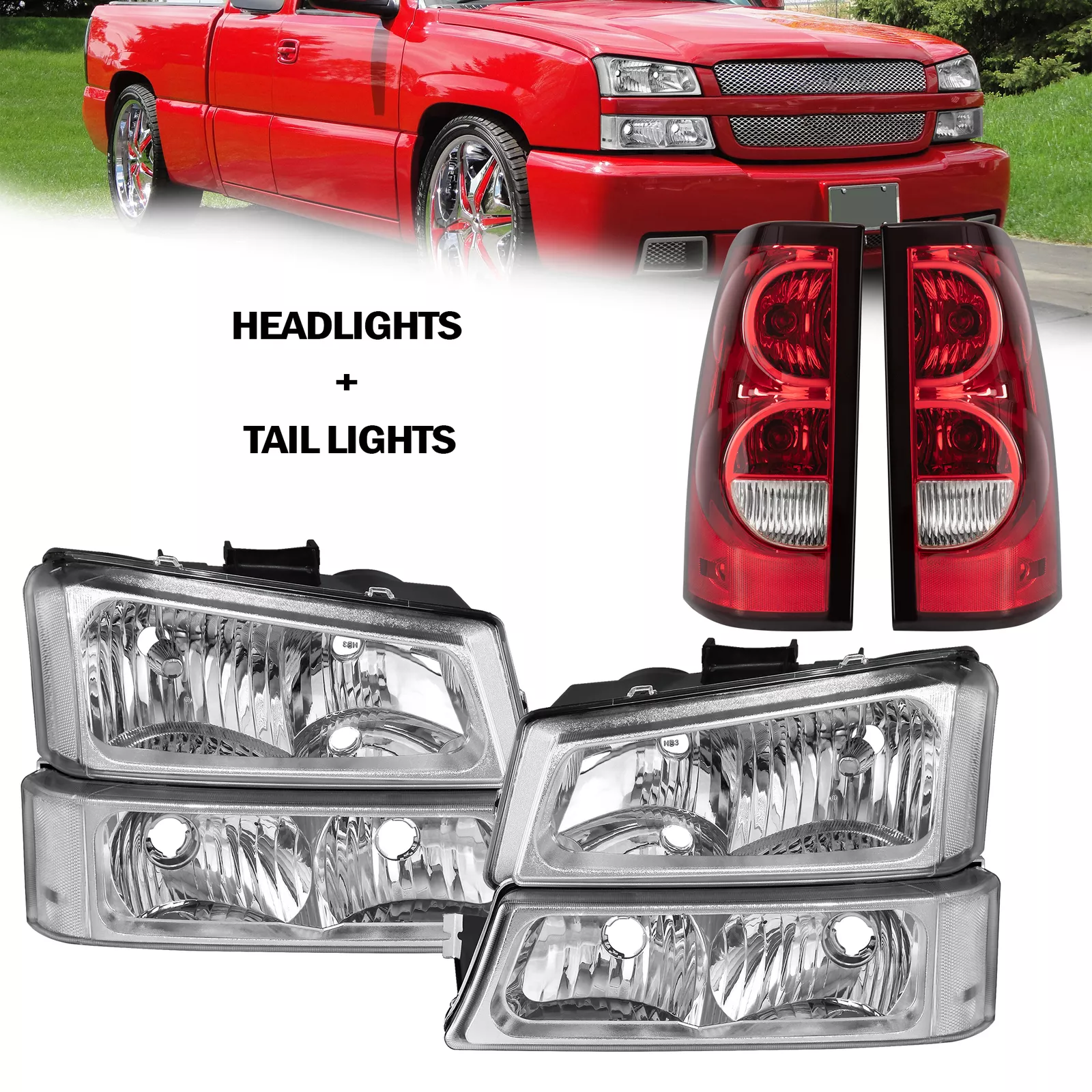 MOSTPLUS For 2003-2006 Chevy Silverado Chrome Housing Headlights & Red ...