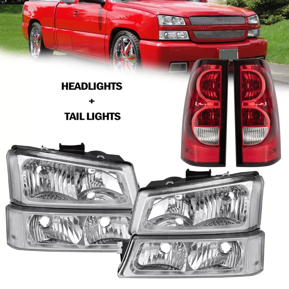 MOSTPLUS For 2003-2006 Chevy Silverado Chrome Housing Headlights & Red ...