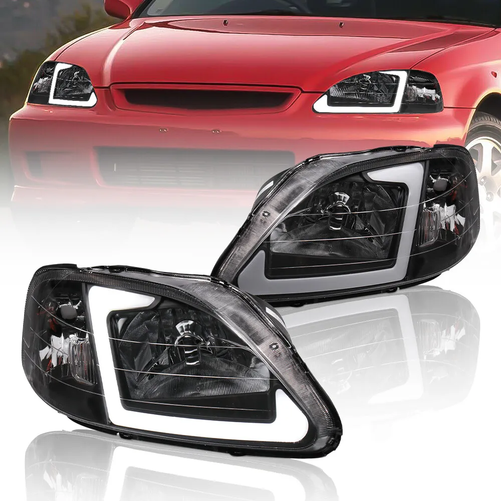 MOSTPLUS Pair LED Headlights DRL Stripe Black Clear for 1999-2000 Honda ...