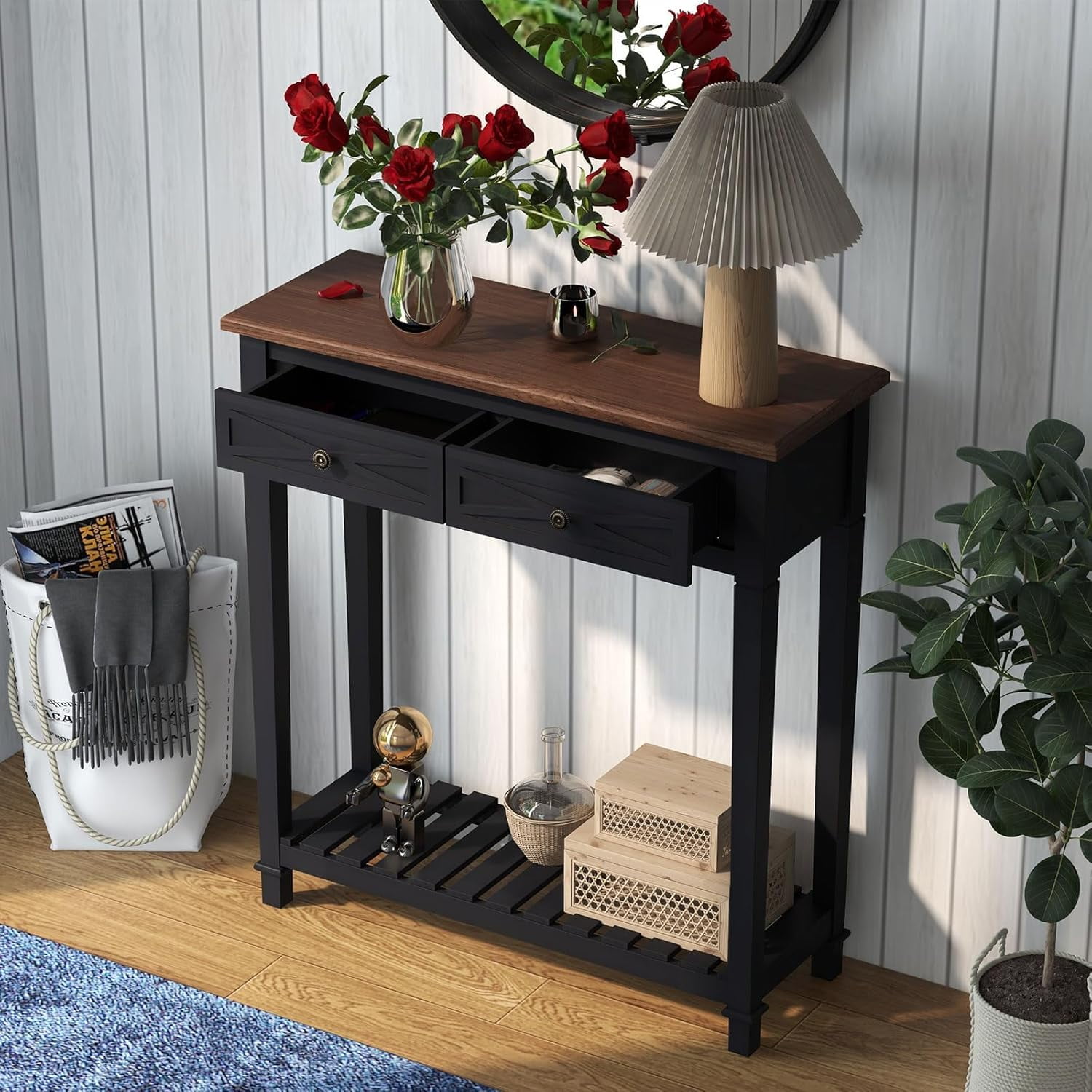 MOTION Black Entryway Table - Console Table for Entryway, 2 Tier Sofa ...