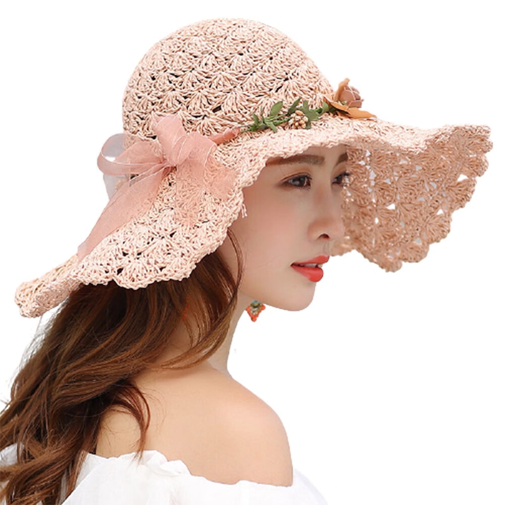MOUIND Summer Flower Bow Sun Hat for Women Wide Brim Sun Hat Folding ...