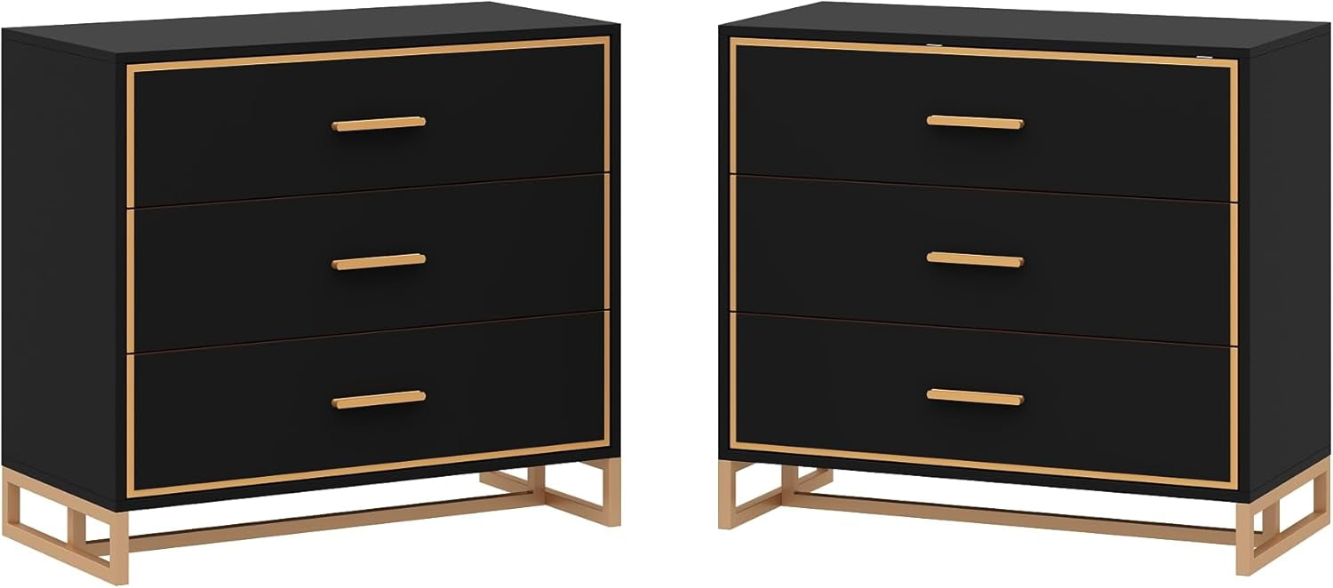 MOUMON Black and Gold Nightstands Set of 2 Side Bedside Table, Large ...
