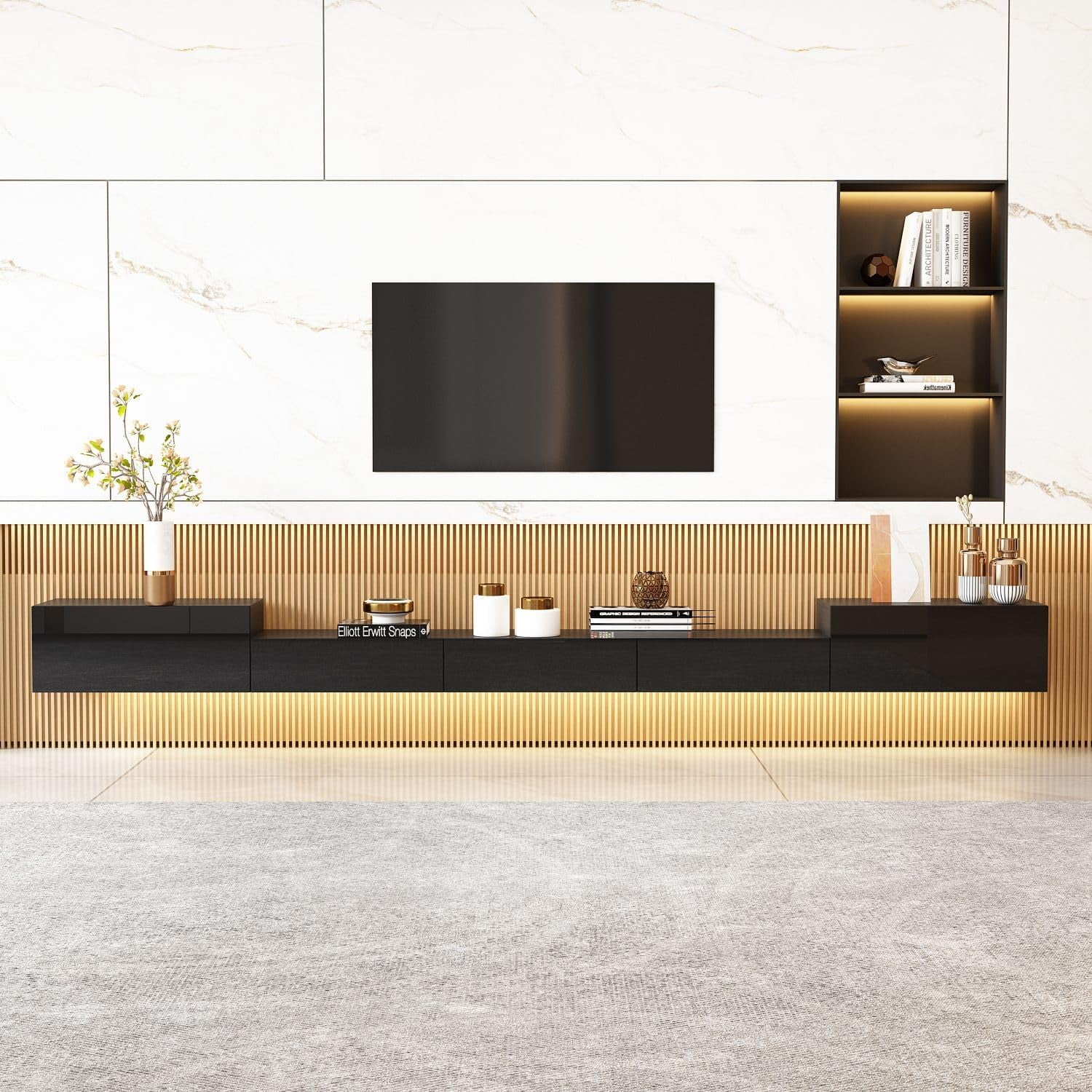 MOUMON Floating TV Console Media Console with High Gloss Drawers ...