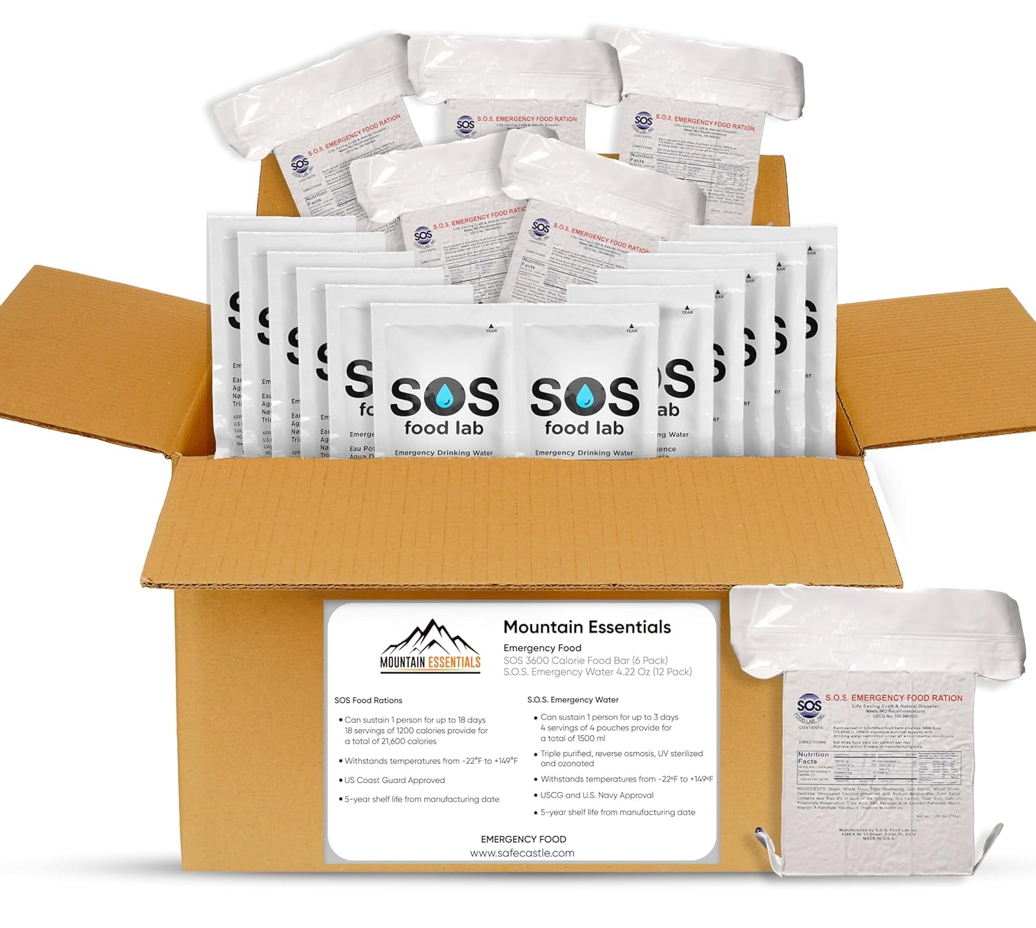 MOUNTAIN ESSENTIALS Emergency Food Rations SOS 3600 Calorie Food Bar 6 ...