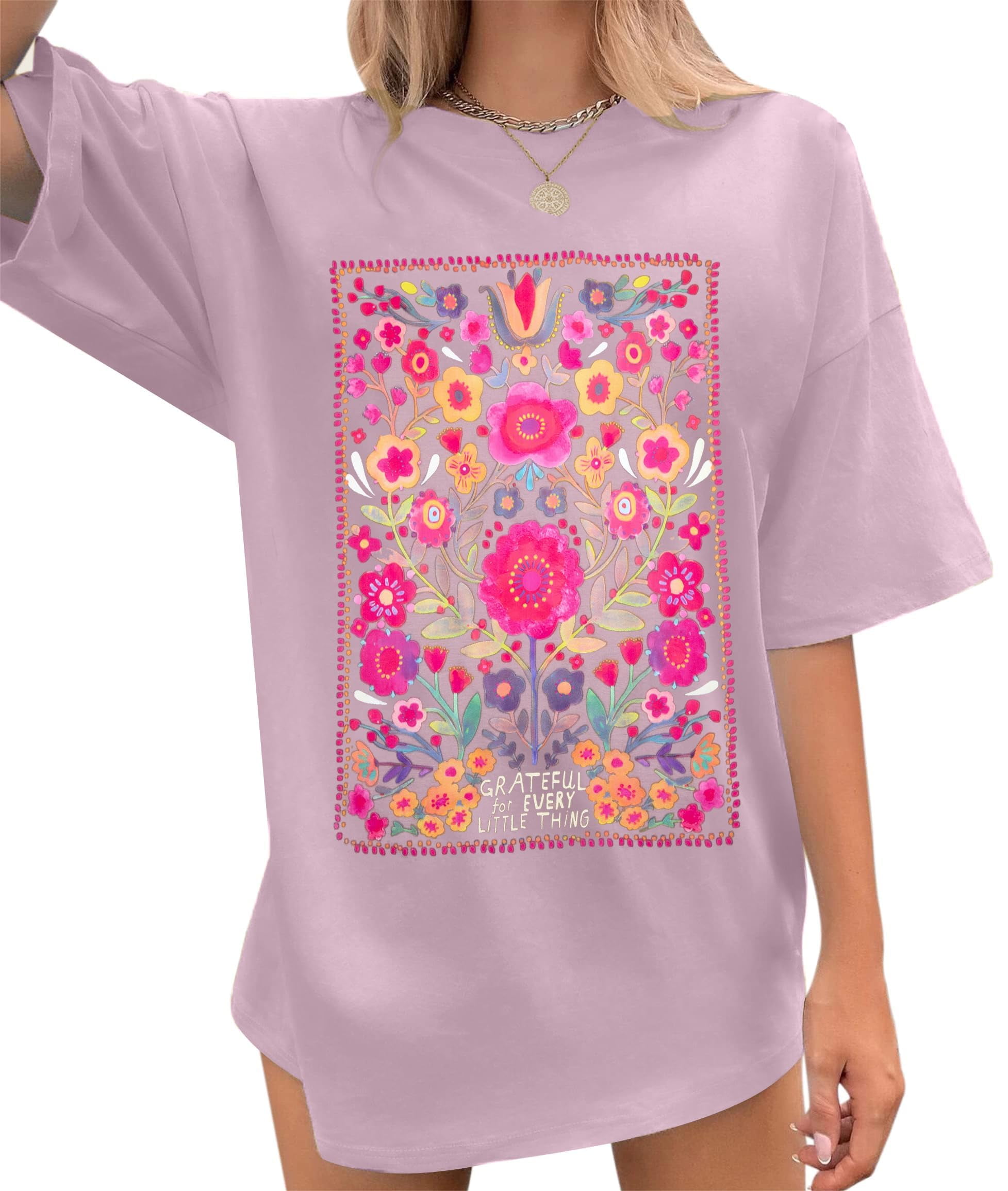 MOUSYA Cute Spring T-shirt Womens Floral Graphic Tees Oversized Vintage ...