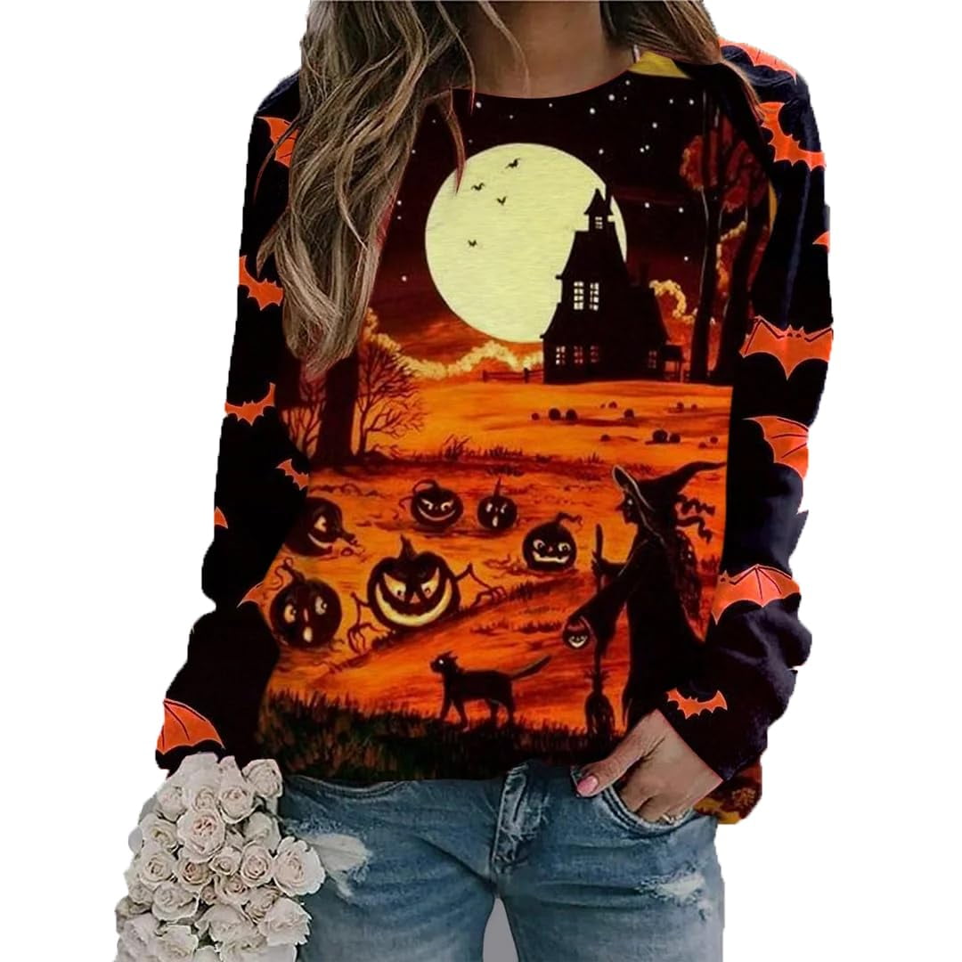 MOUSYA Halloween Sweatshirts for Women Witch Pumpkin Castle Graphic ...