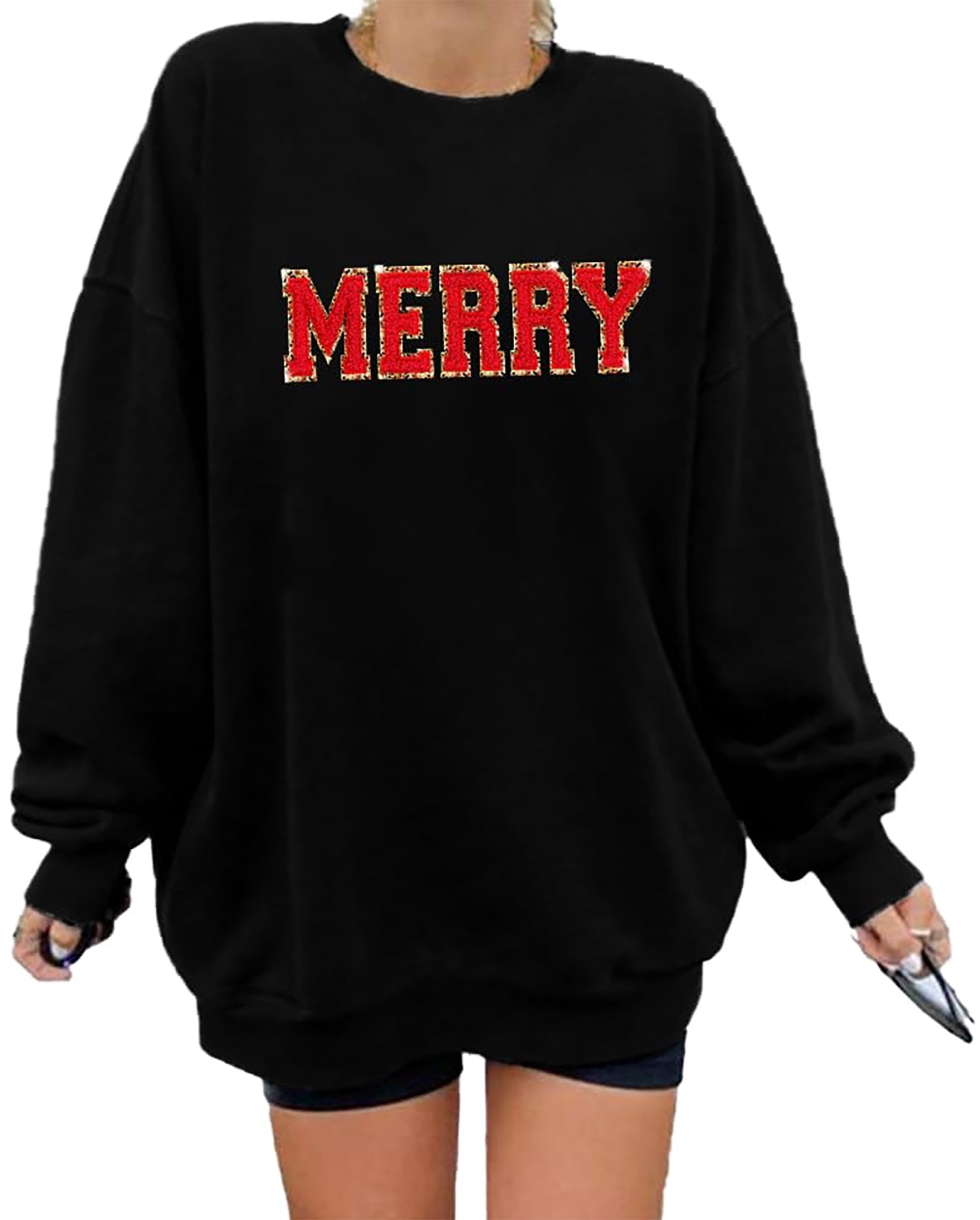 MOUSYA Merry Sweatshirt Women Christmas Glitter Patch Merry Shirt Merry ...