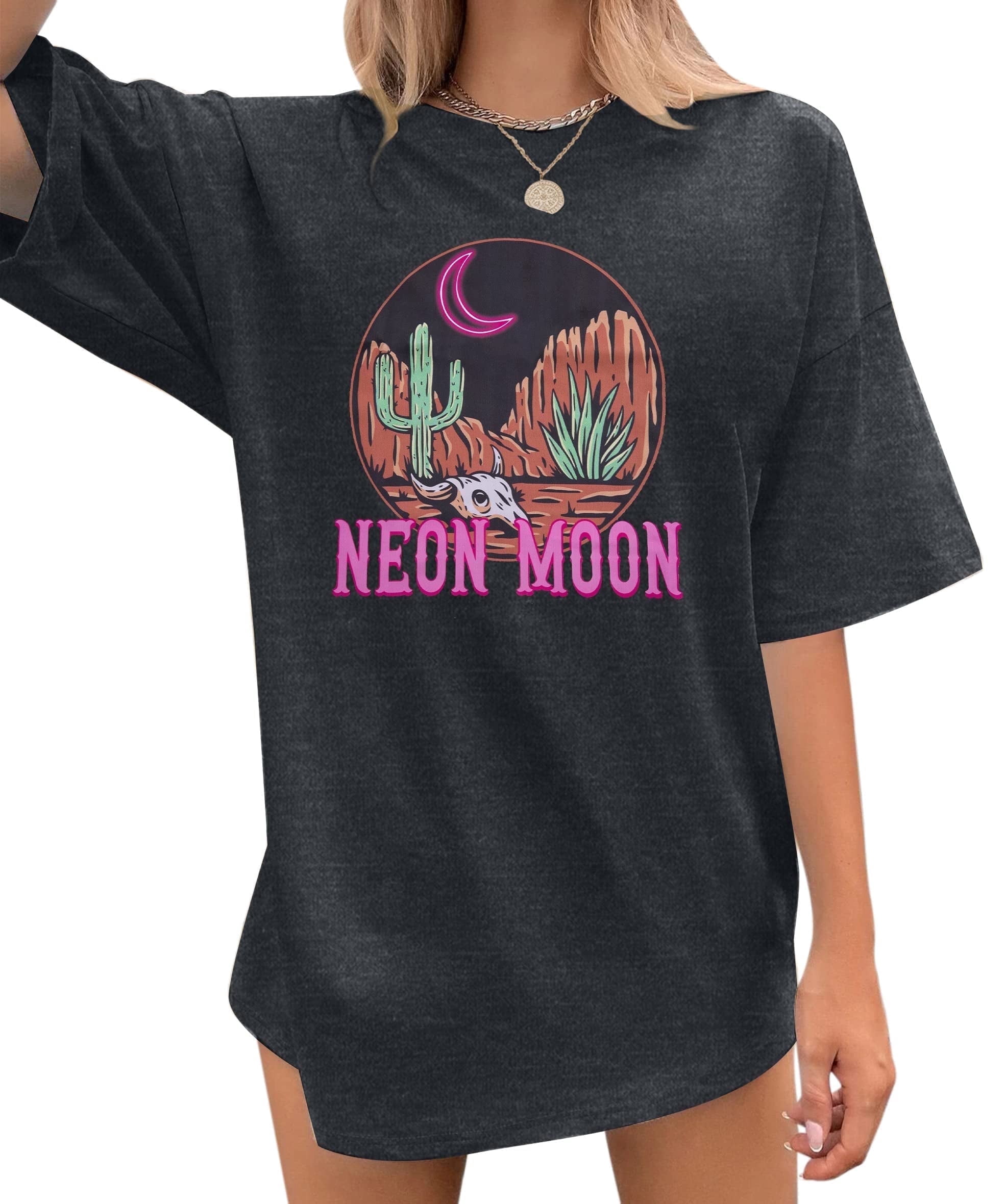MOUSYA Women's Oversized Neon Moon Graphic T-Shirt Cotton Blend Country ...