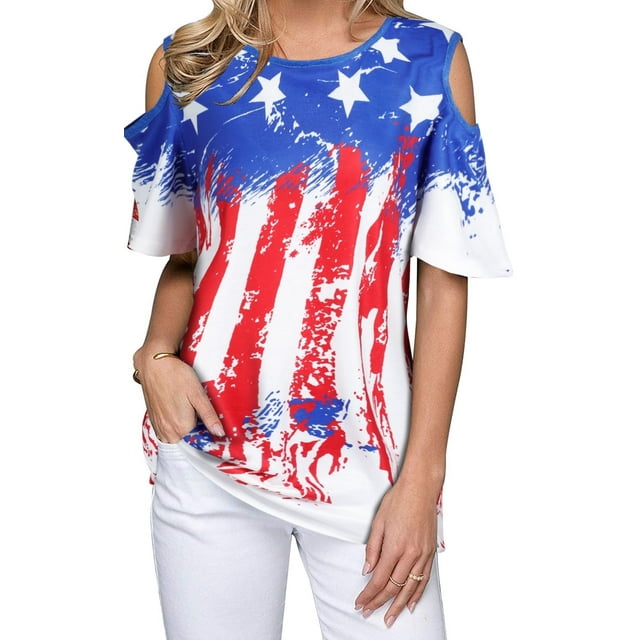 MOUSYA Womens 4th of July Patriotic Shirts American Flag Cold Shoulder ...