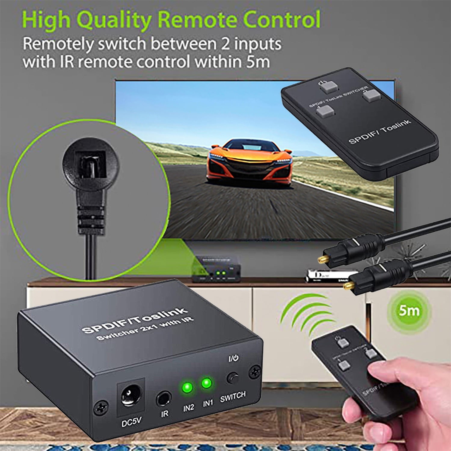 MOVAWAKY Optical 2 Cut 1 SPDIF / TosLink Digital Optical Audio Switcher ...