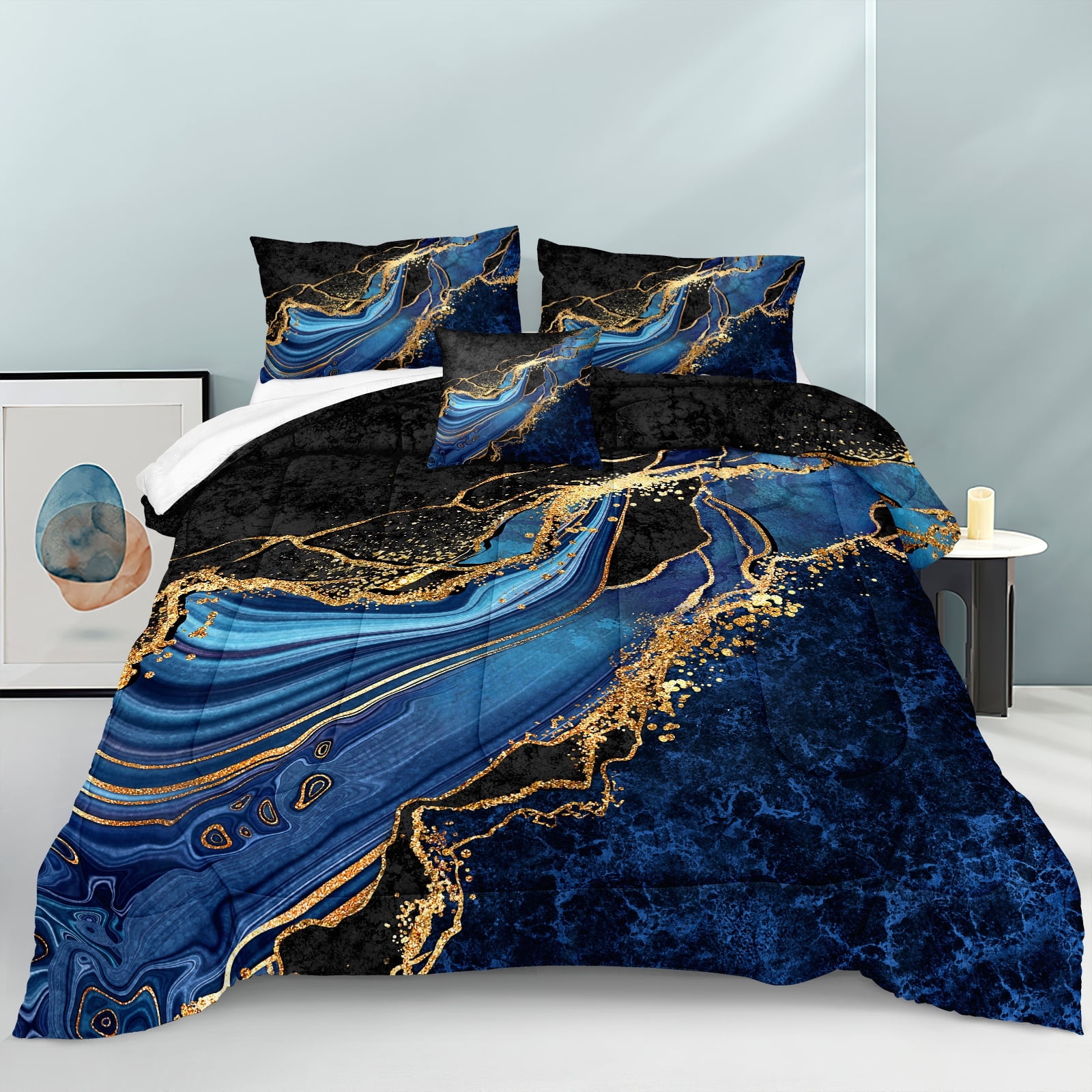 MOVE OVER Blue Gold Marble Comforter Set Queen Blue Marble Bedding Sets ...