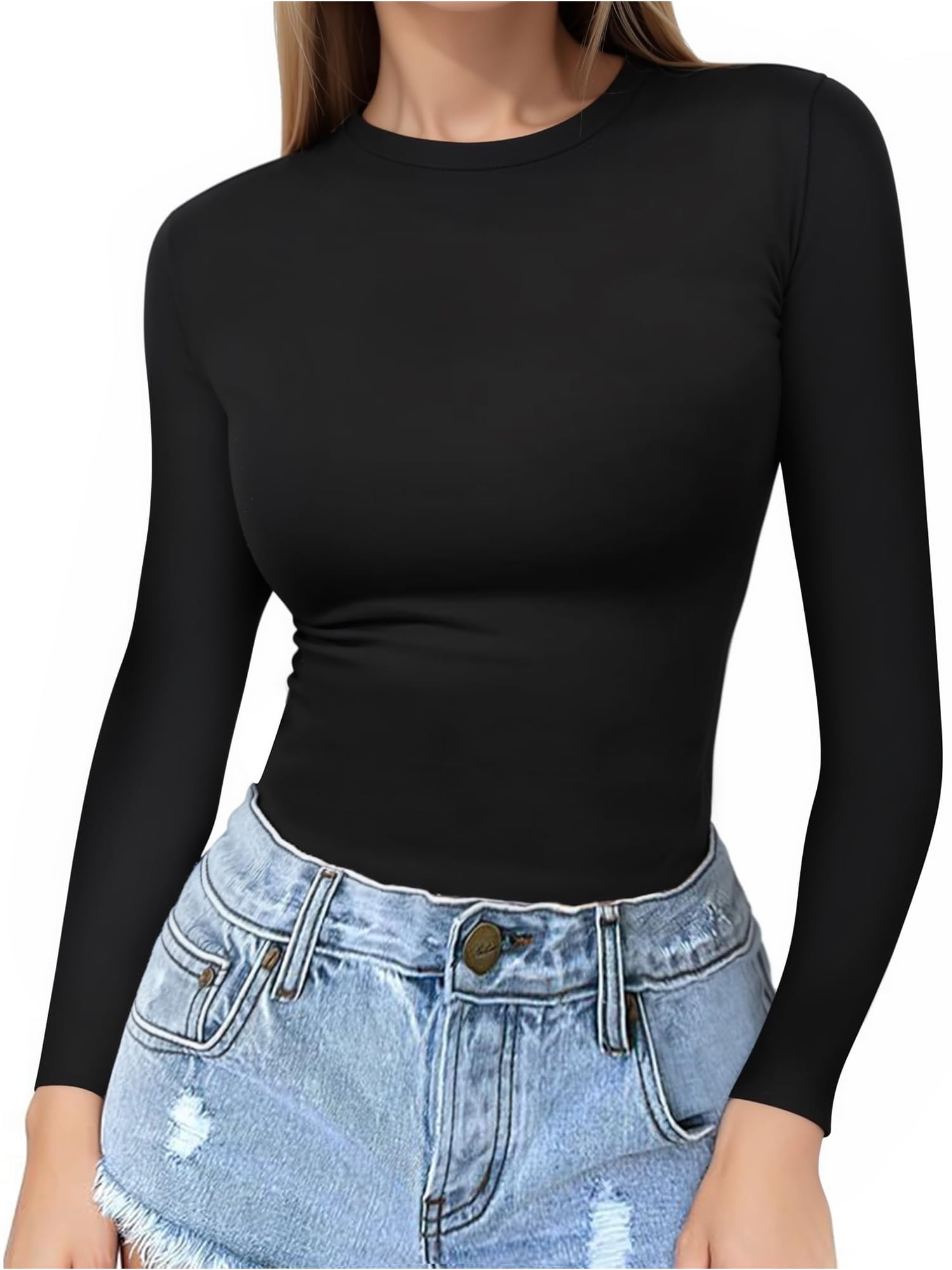 MOYIKO Crew Neck Long Sleeve Shirts for Women Basic Tees Fitted Round Neck Tops,Size Small ...