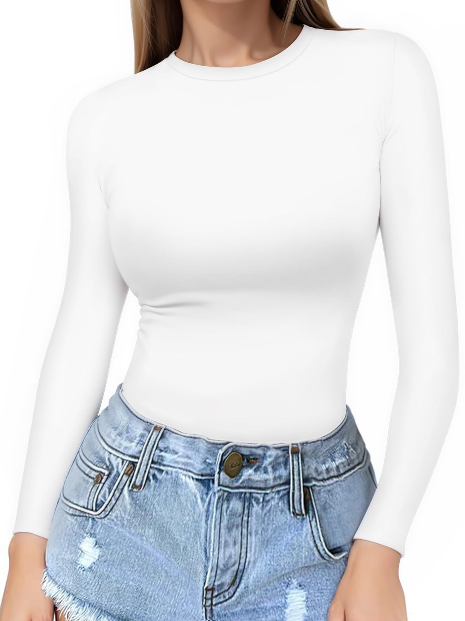 MOYIKO Slim Fitted Long Sleeve Shirts for Women, Crewneck Basic Tees ...