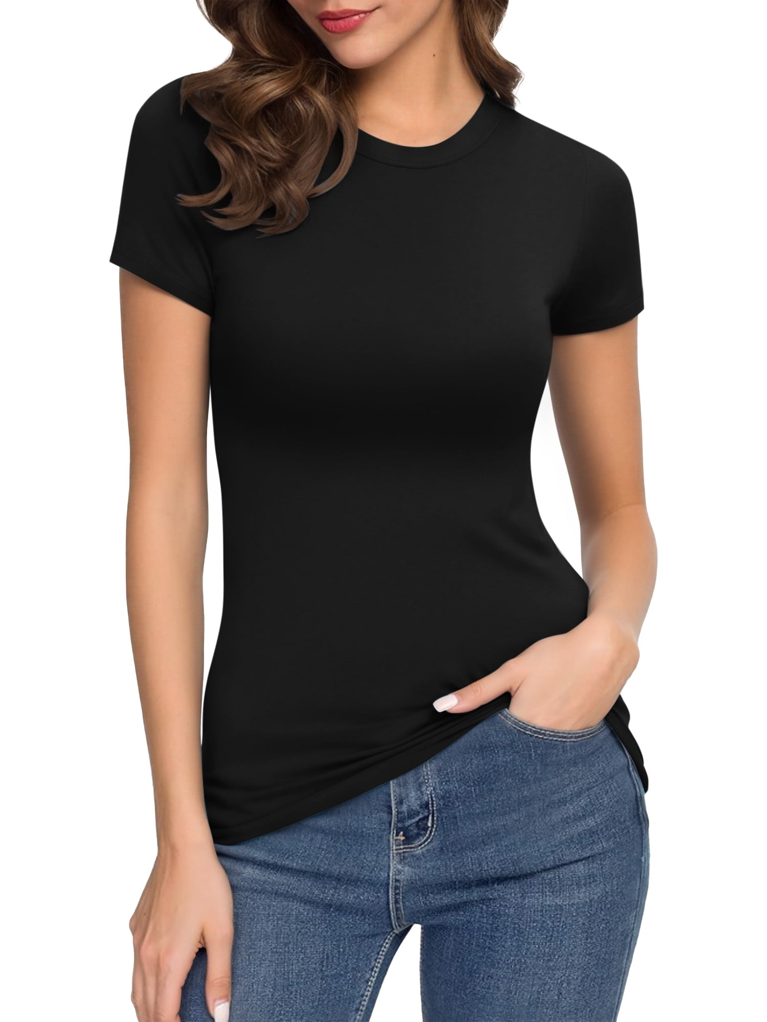 MOYIKO Crewneck T Shirts for Women, Short Sleeve Slim Fitted Tees ...
