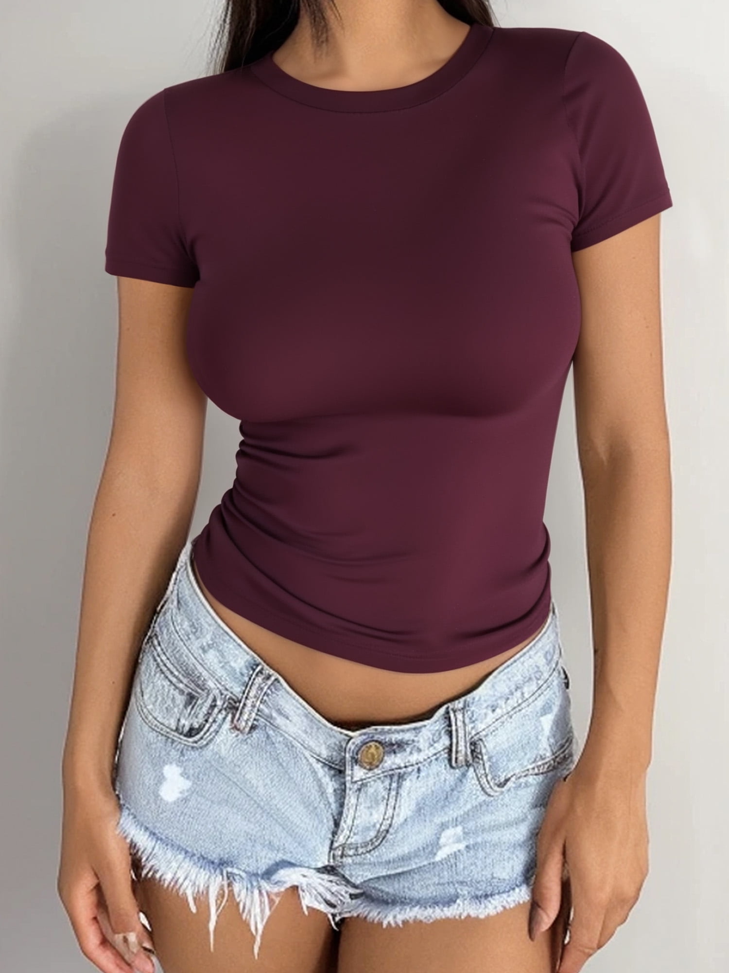 MOYIKO Crewneck T Shirts for Women Short Sleeve Slim Fitted Tees ...