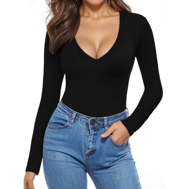 MOYIKO Deep V Neck Long Sleeve Shirts for Women Fitted Tops Tee,Size X-Large - Walmart.com