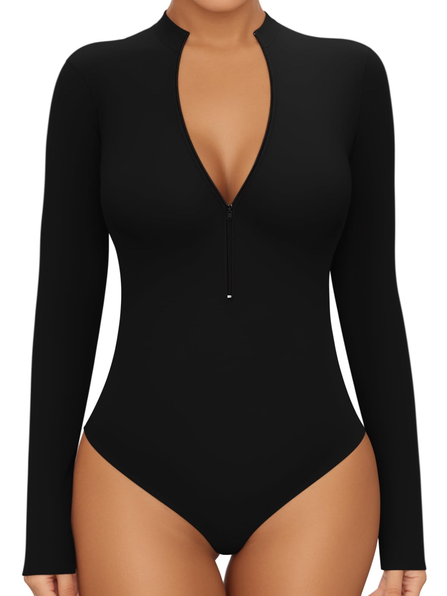 Moyiko Long Sleeve Body Suit Mock Turtle Neck Zip Up Bodysuit For Women Ribbed Deep V Sexy