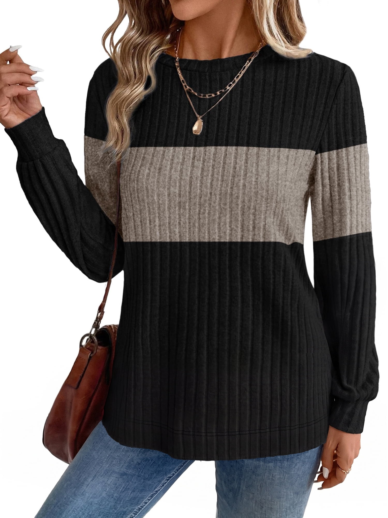 MOYIKO Long Sleeve Shirts for Women Casual Tunic Tops Color Block ...