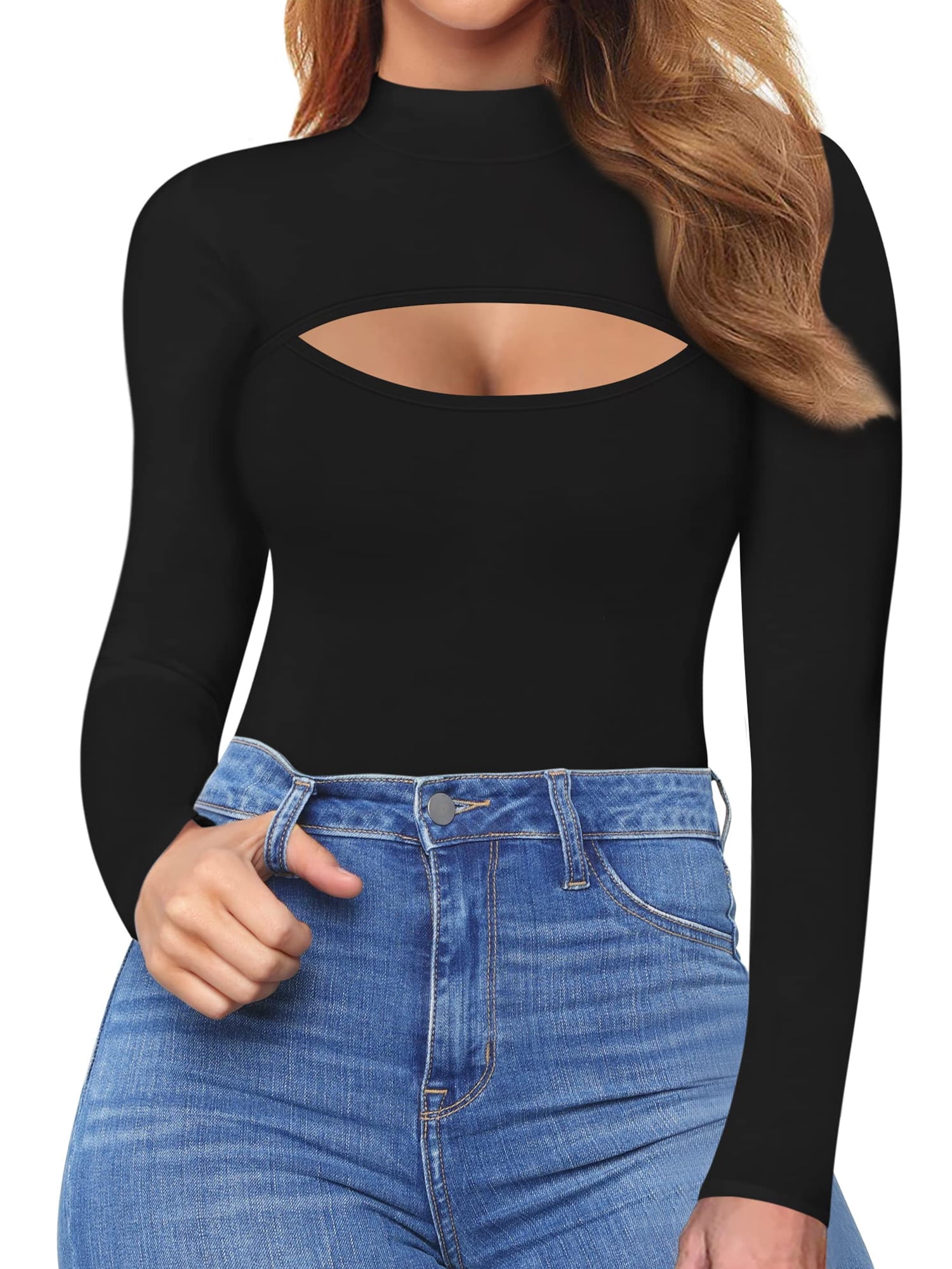 MOYIKO Cutout Front Mock Turtle Neck Long Sleeve Shirts for Women Fitted Tops Tees - Walmart.com