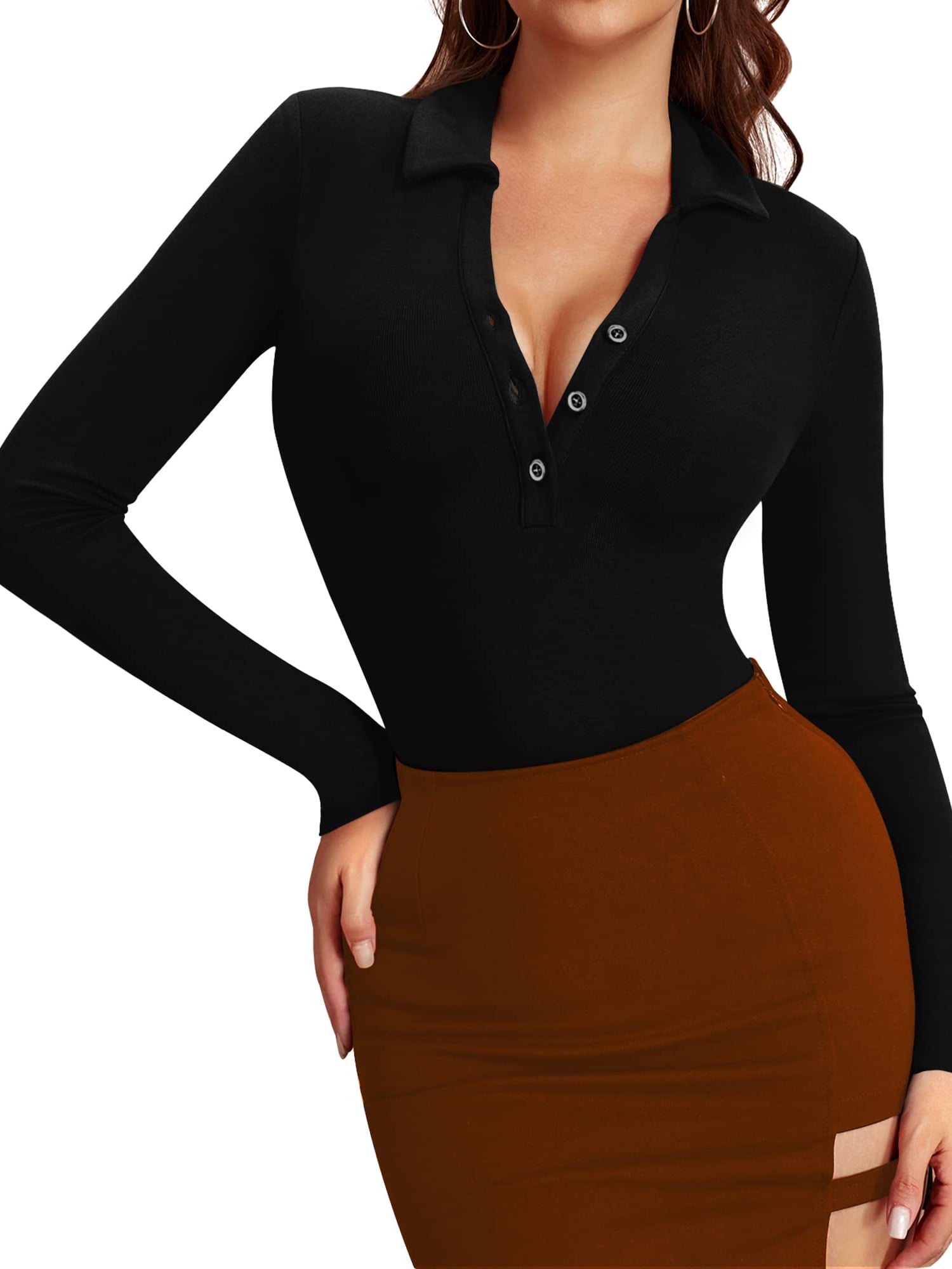 MOYIKO Polo Button Down Collared Long Sleeve Shirts for Women V Neck Women Shirts Tops,Size S ...