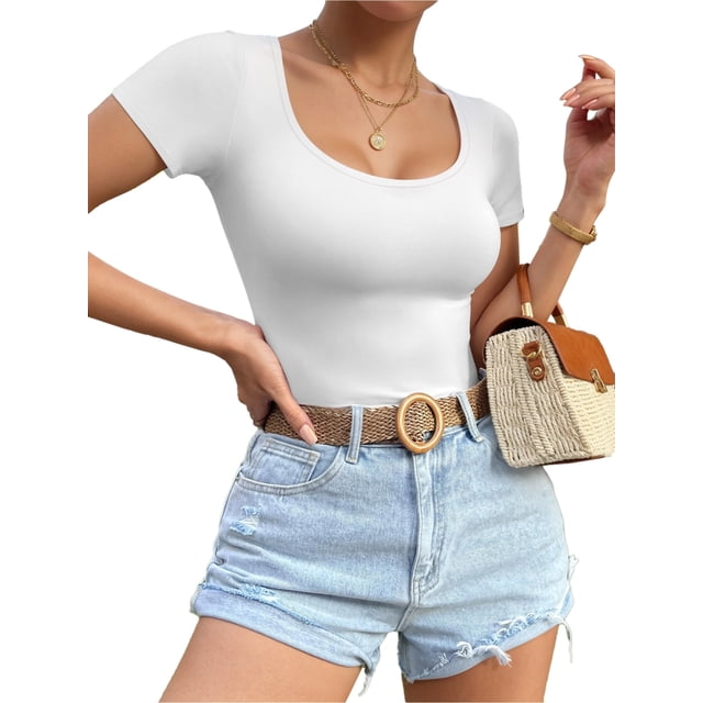 MOYIKO Scoop Neck Short Sleeve Shirts for Women Fitted Tops Tee,Size ...
