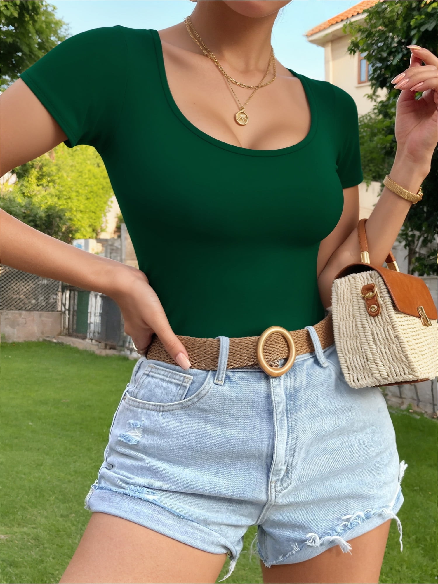MOYIKO Scoop Neck Tops for Women Slim Fitted T Shirts Tight Short ...