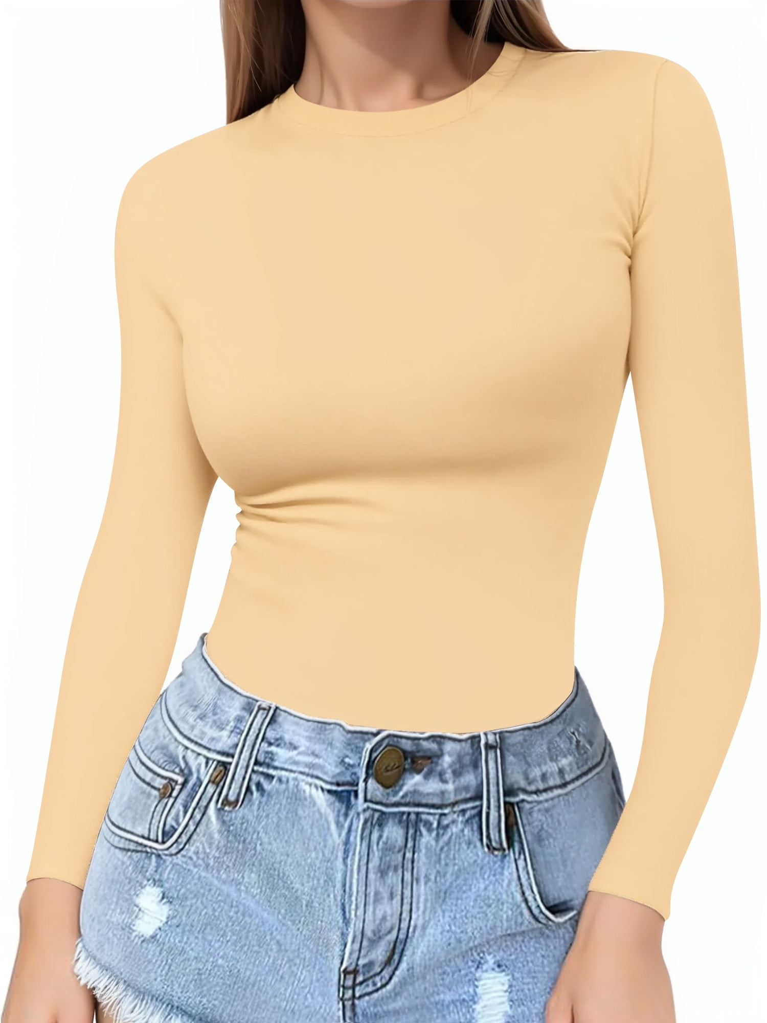 MOYIKO Slim Fitted Long Sleeve Shirts for Women Crewneck Tees Tight ...